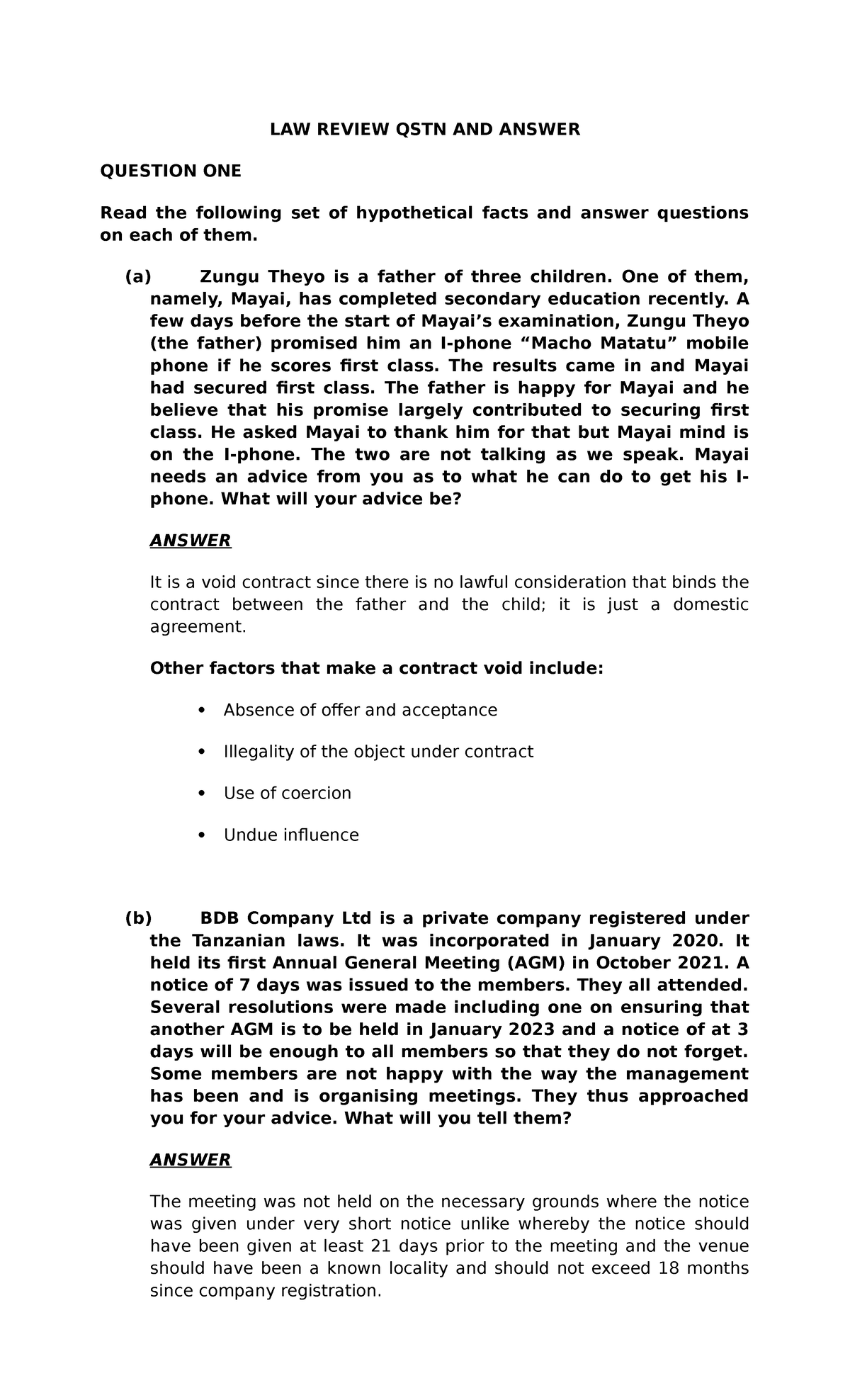 Corporate Law and Governace Q&A - LAW REVIEW QSTN AND ANSWER QUESTION ...