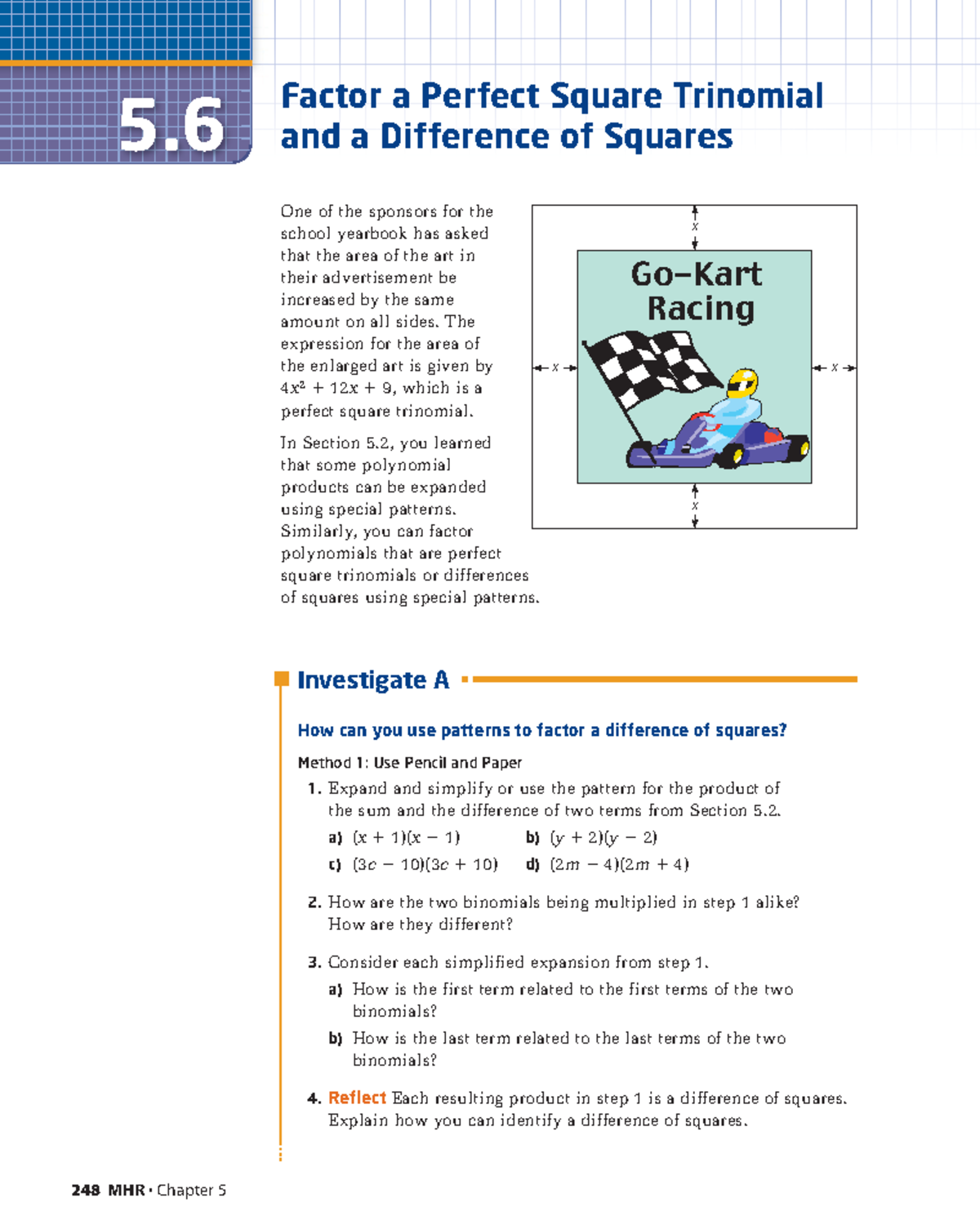 5 - Grade 9 math - 248 MHR • Chapter 5 5. Factor a Perfect Square ...