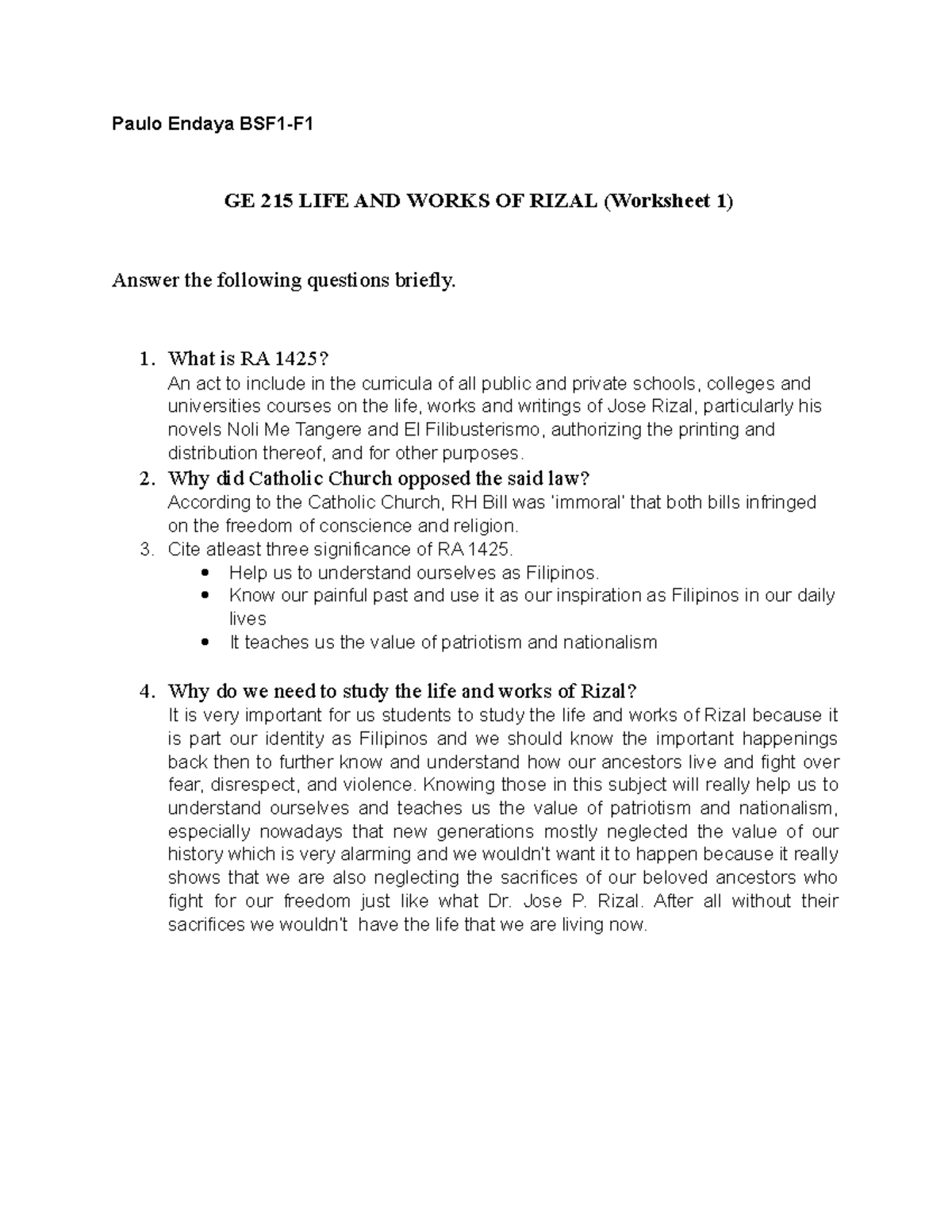 Endaya Paulo Life and Works of Rizal (Worksheet 1) - Paulo Endaya BSF1 ...