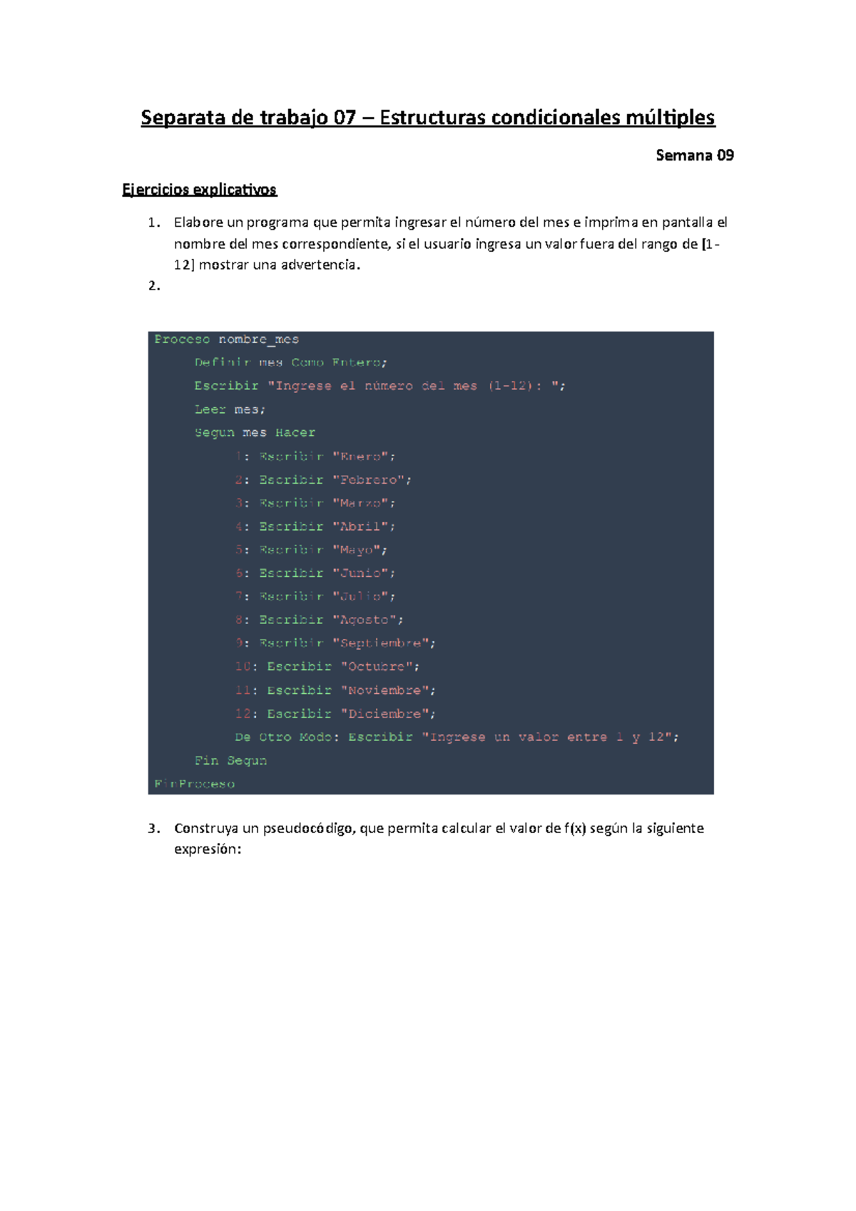 Separata de trabajo semana 9 - Separata de trabajo 07 – Estructuras condicionales múliples ...