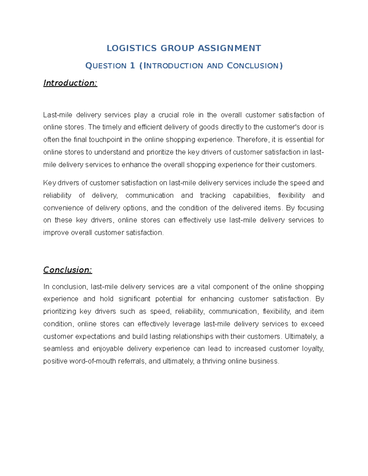 Intro & Conclusion - Summary Logistics 2A - LOGISTICS GROUP ASSIGNMENT ...