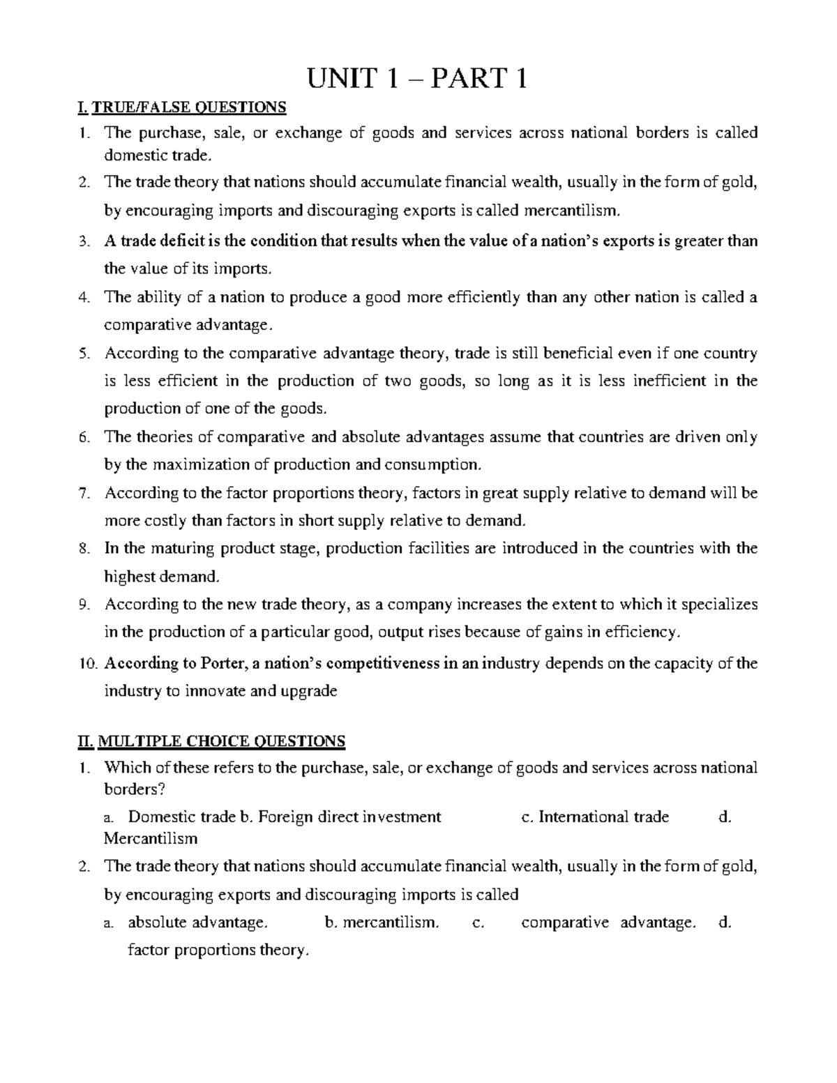 Unit 1 exercises - Bài tập - UNIT 1 – PART 1 I. TRUE/FALSE QUESTIONS 1. The purchase, sale, or ...
