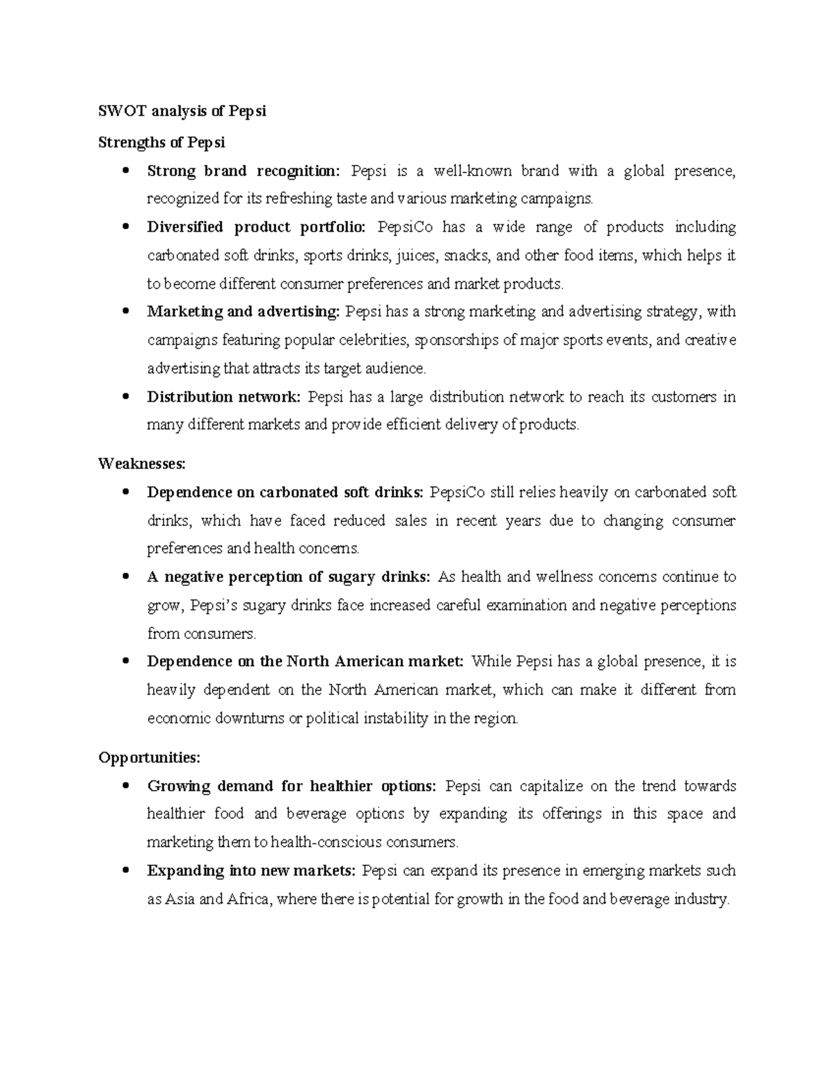 SWOT- PEST- Porter analysis of Pepsi Co & Coca-cola - SWOT analysis of ...