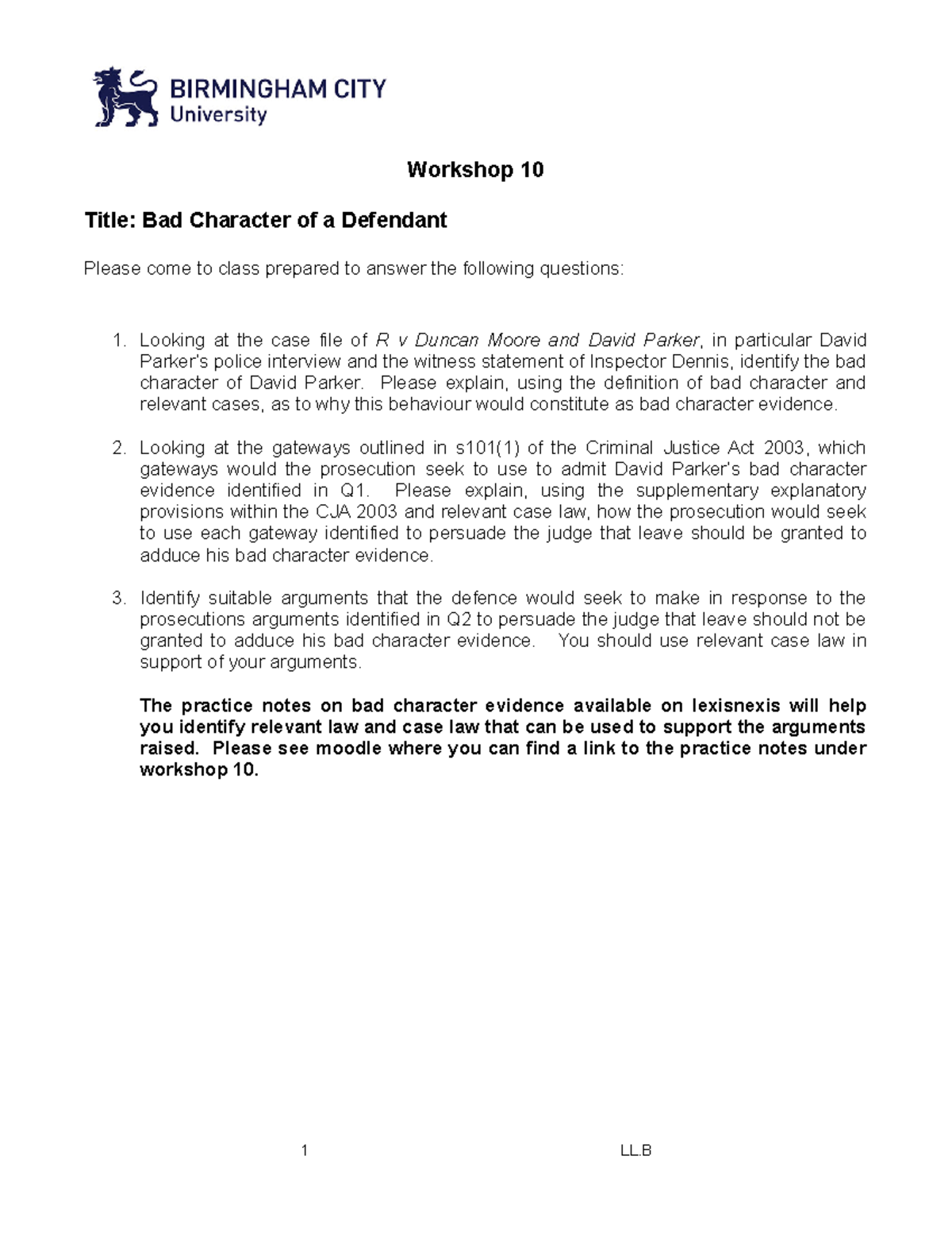 Pre-session activity workshop 10 - Workshop 10 Title: Bad Character of ...