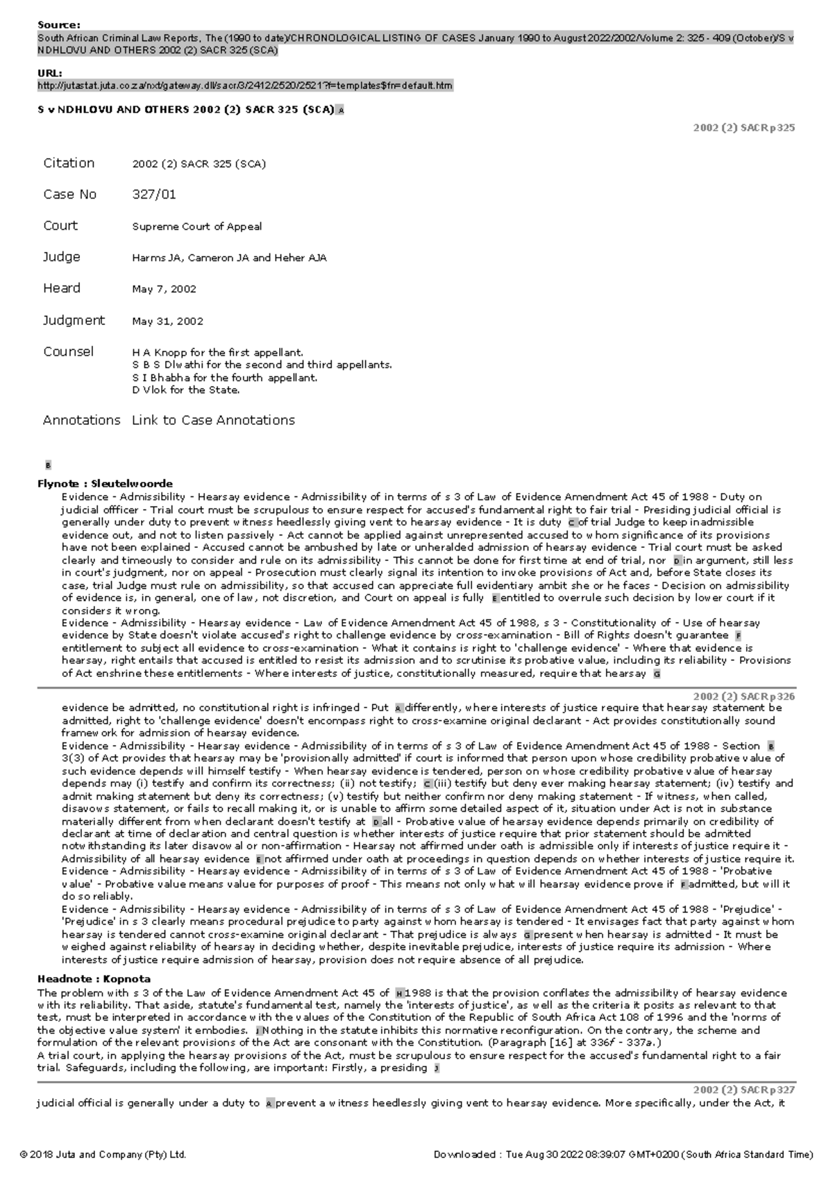 S v Ndhlovu AND Others 2002 (2) SACR 325 (SCA) - - Studocu