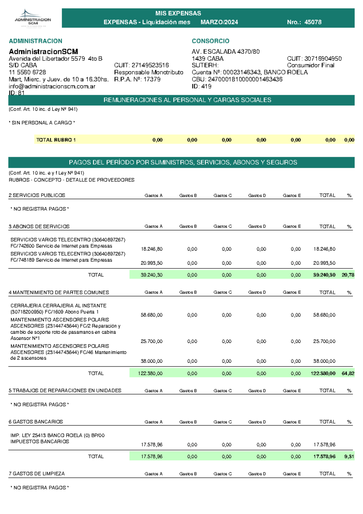 Doc - Primer Parcial - MIS EXPENSAS EXPENSAS - Liquidación mes ADMINISTRACION CONSORCIO MARZO ...