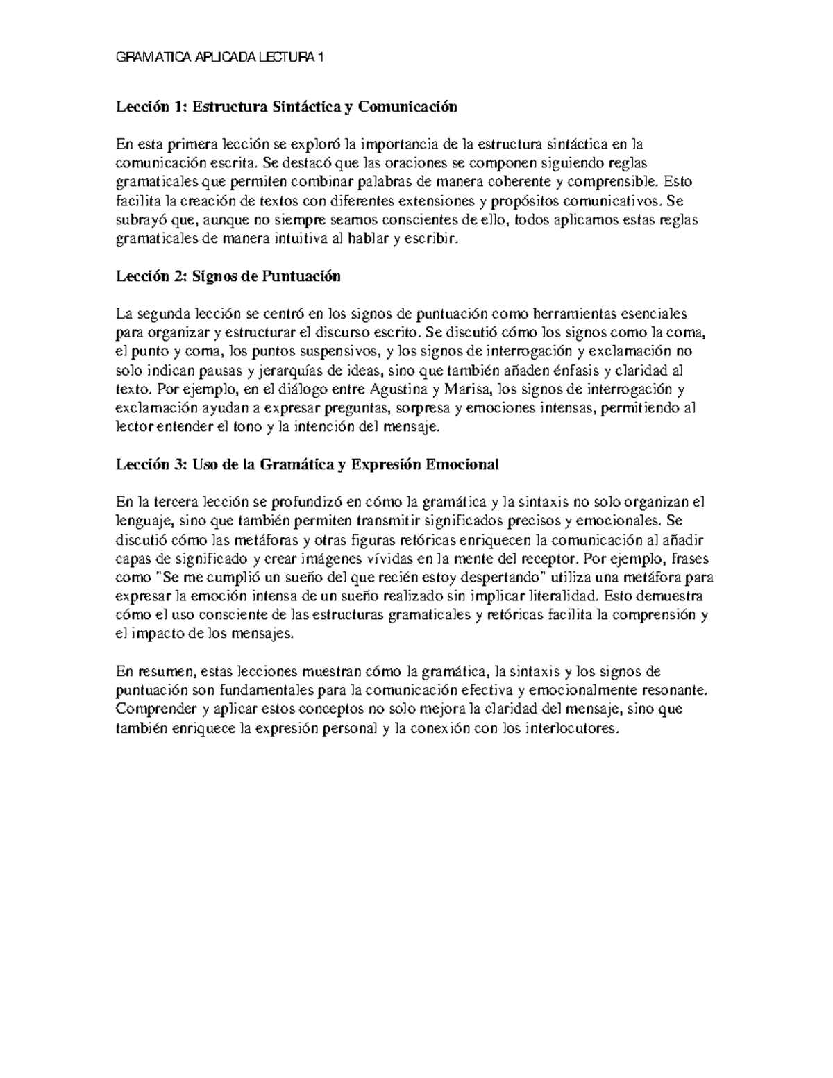 Lección 1 Gramatica Aplicada Lectura - GRAMATICA APLICADA LECTURA 1 Lección 1: Estructura ...