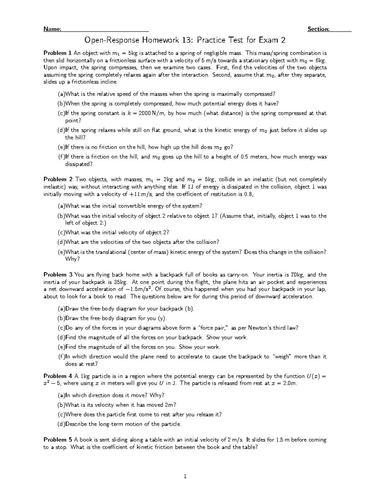 OR HW 13 - extra practice - Name: Section: Open-Response Homework 13 ...