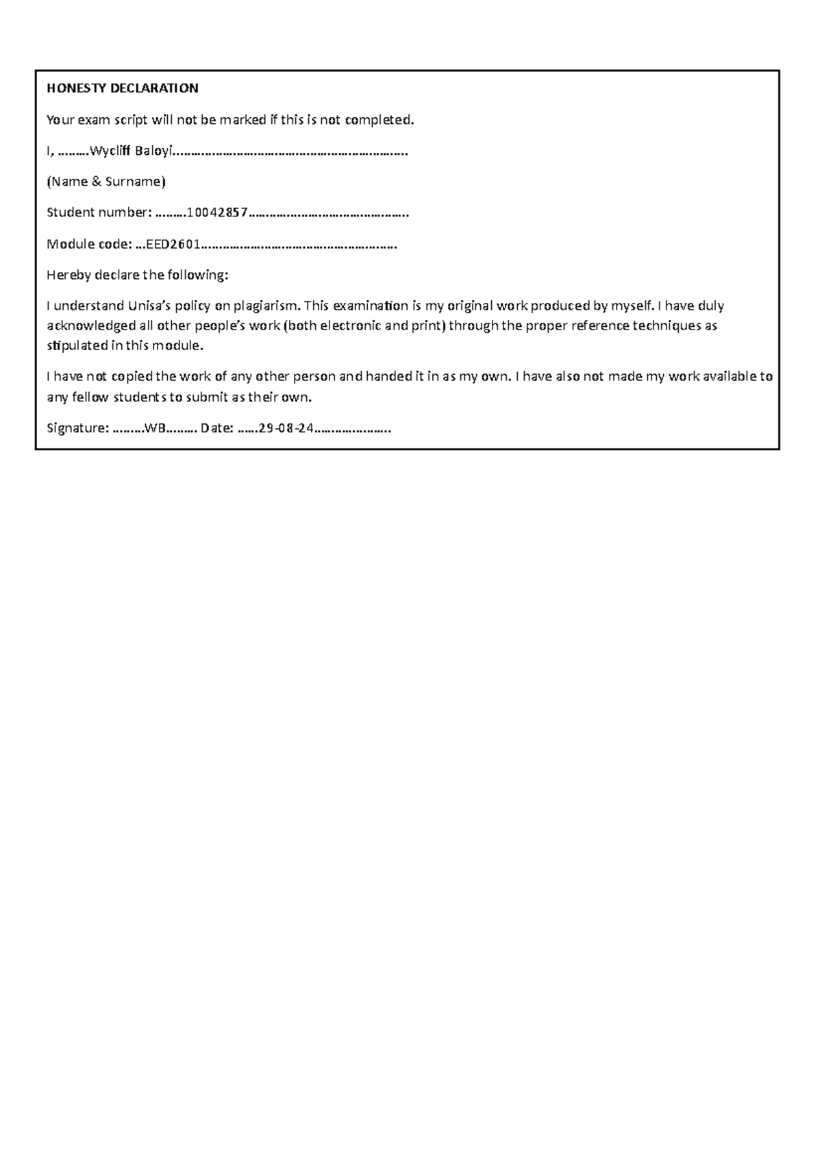 EED2 assignment 4 - 100 - HONESTY DECLARATION Your exam script will not ...