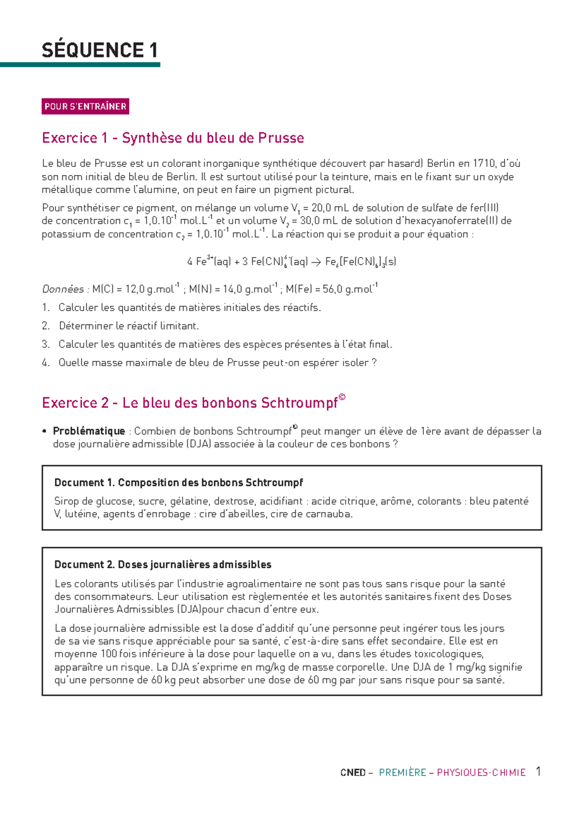 SP16-TE-01-19 Pour s entrainer - SÉQUENCE 1 POUR S’ENTRAÎNER Exercice 1 - Synthèse du bleu de ...