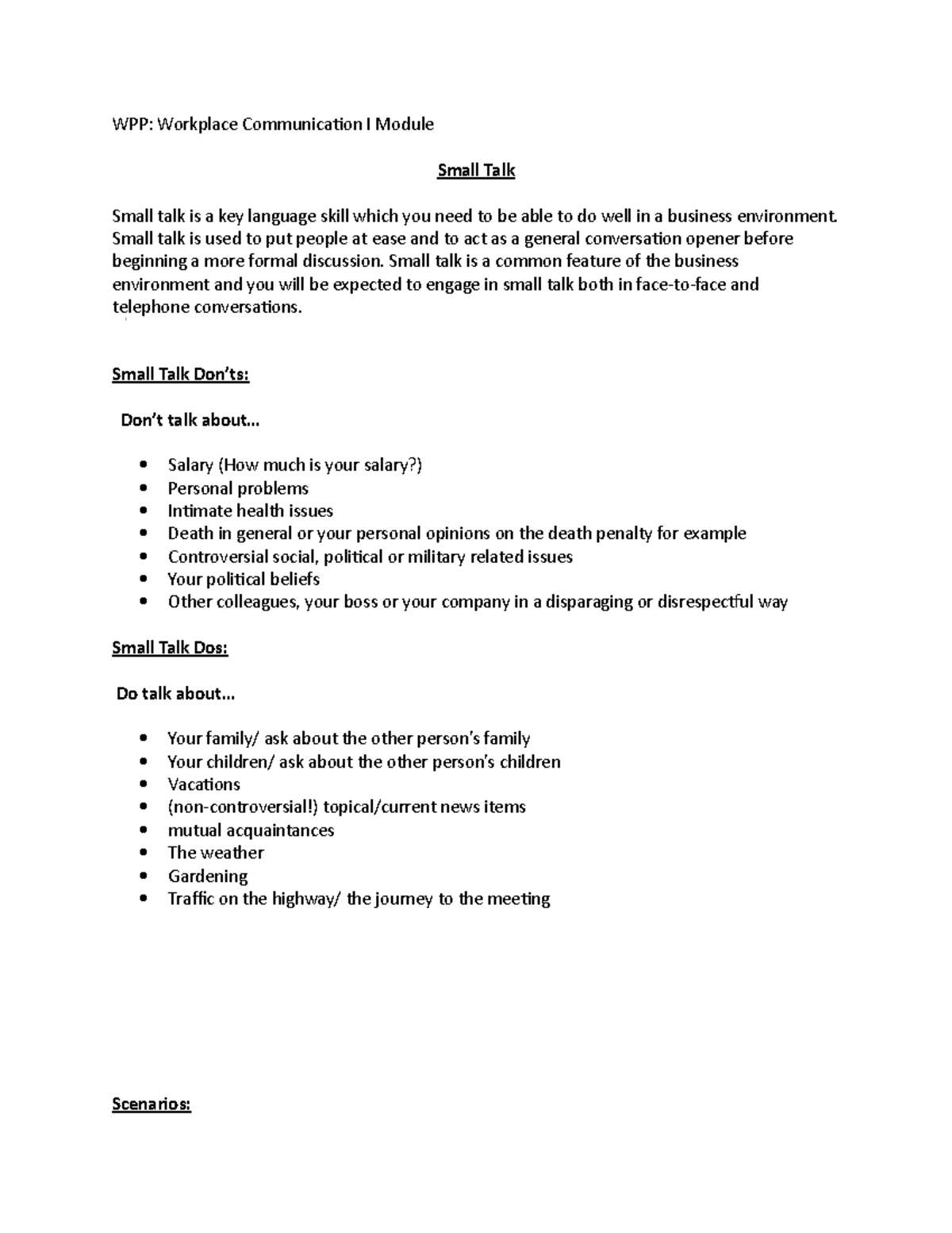 Small Talk Handout and Activity - WPP: Workplace Communication I Module ...