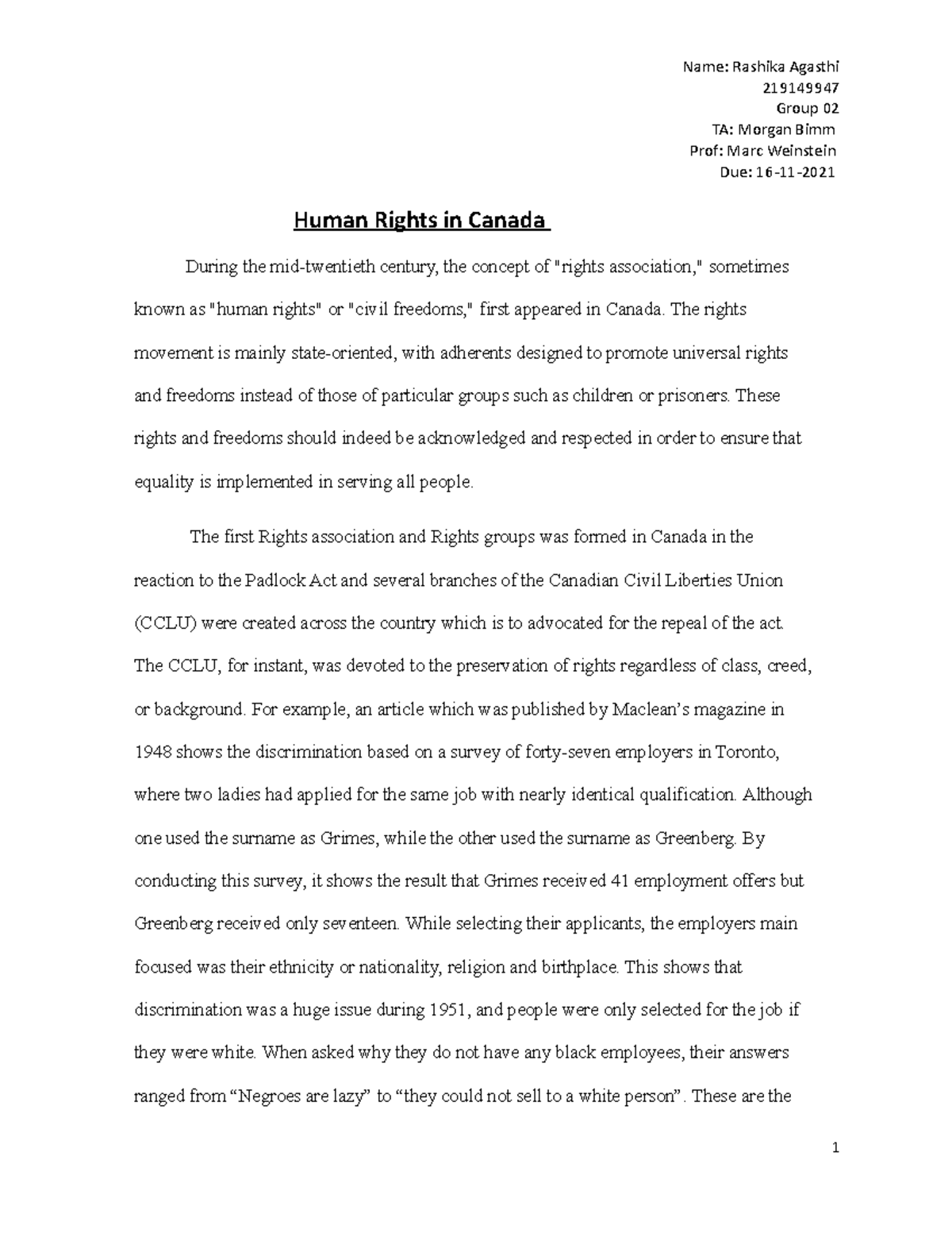 history and human rights in Canada and what differences has the history ...