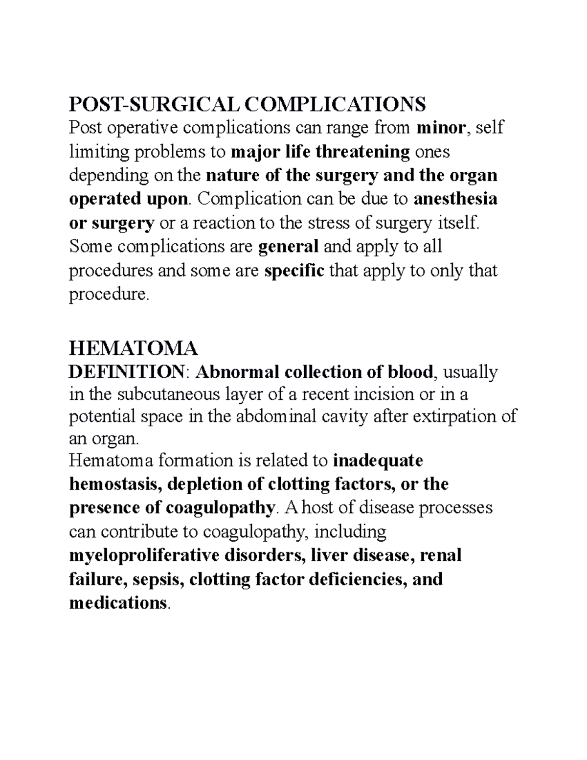 Post operative Medical surgical Conditions - POST-SURGICAL ...
