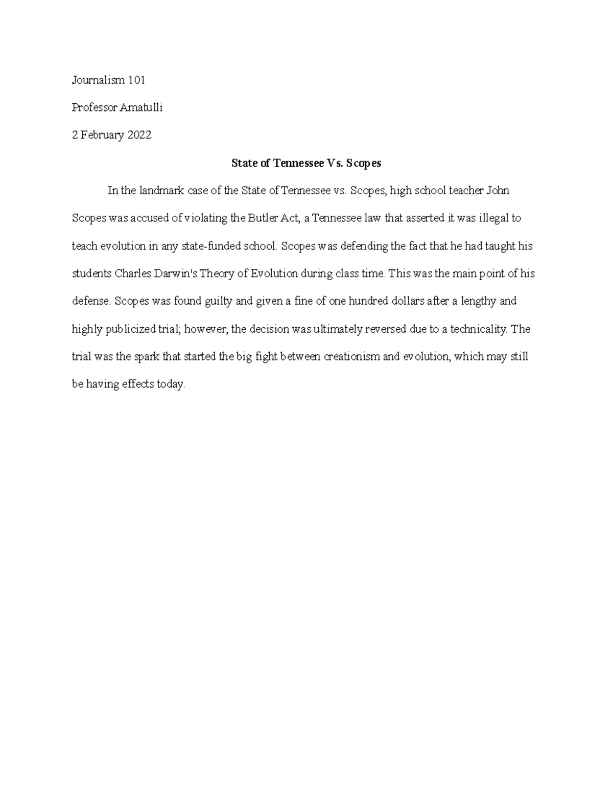 State of Tennessee Vs. Scopes - Journalism 101 Professor Amatulli 2 ...