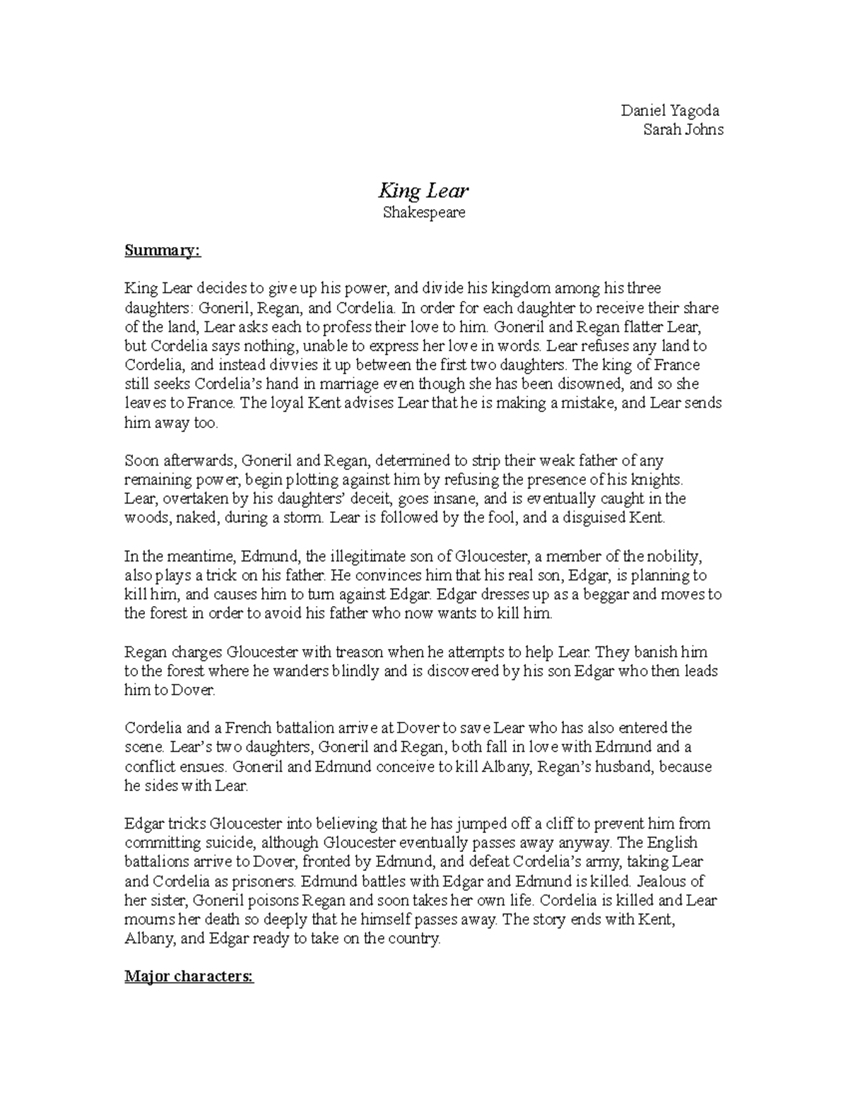 6. King Lear - Summary King Lear - King Lear - Daniel Yagoda Sarah ...