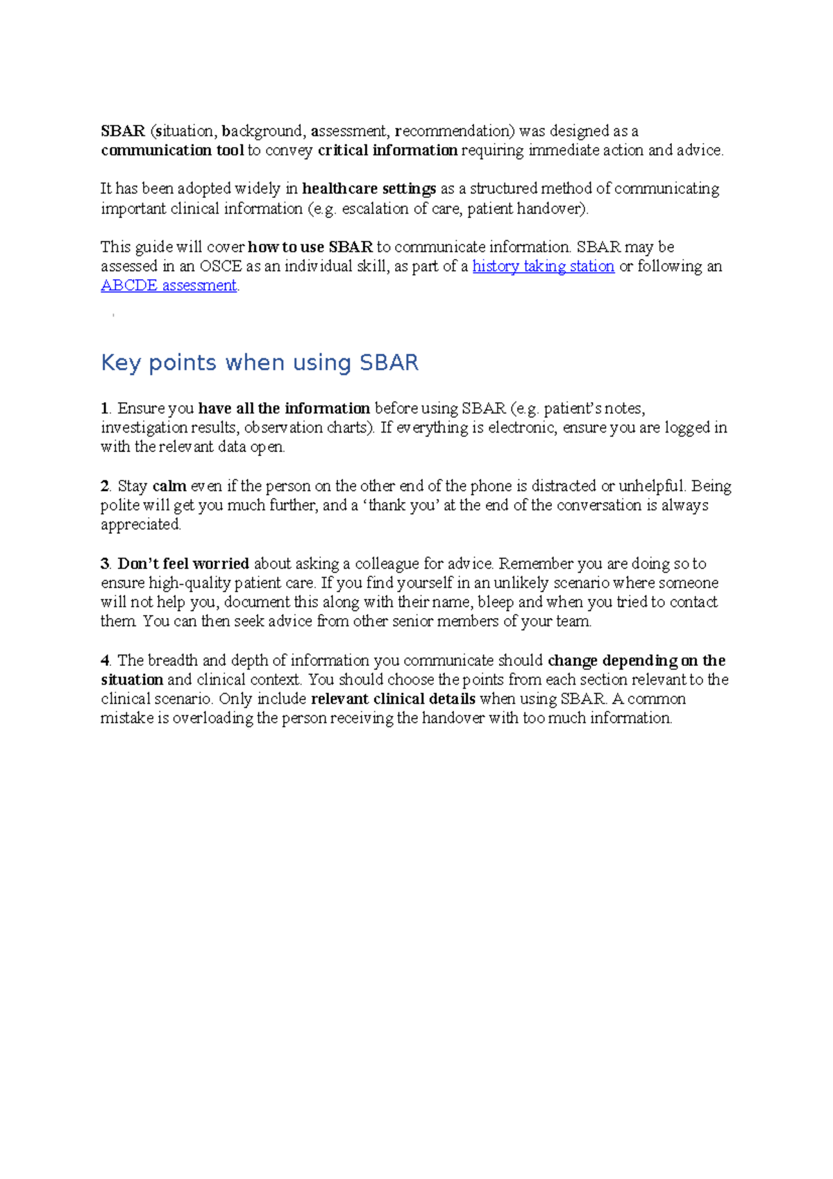 SBAR method information - SBAR (situation, background, assessment ...