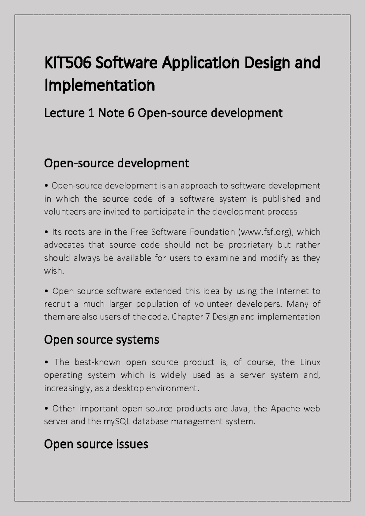 Kit506 Software Application Design And Implementation Lecture 1 Open Source Development Note