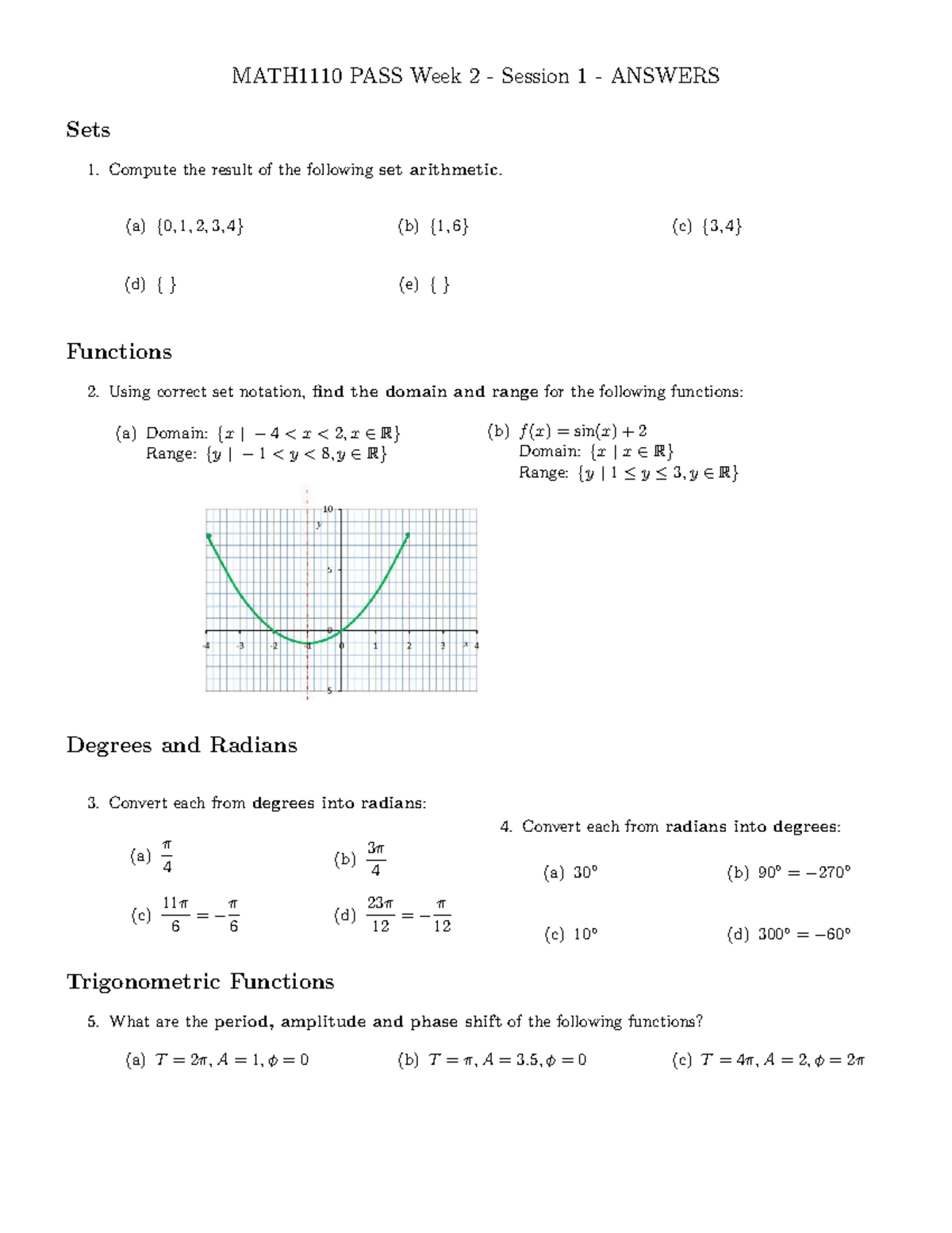 MATH1110 Week 2 - Ans - PASS Week 2 Session 1 ANSWERS Sets 1. Compute ...