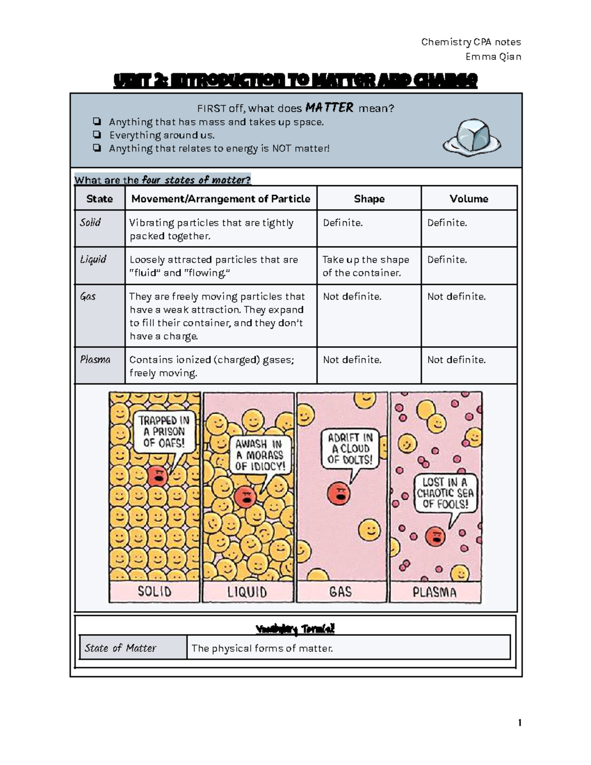 Chemistry CPA unit 2 notes - Emma Qian Unit 2: Introduction to Matter ...
