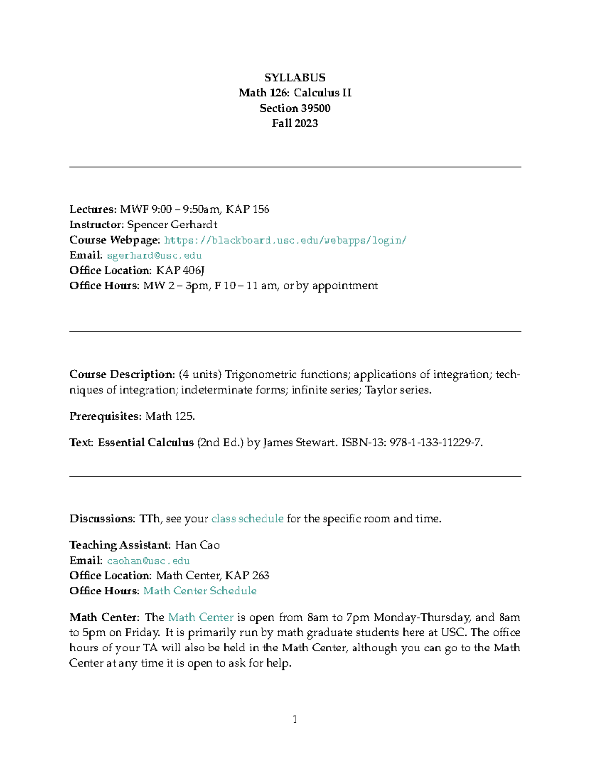 MATH 126 Syllabus - SYLLABUS Math 126: Calculus II Section 39500 Fall ...