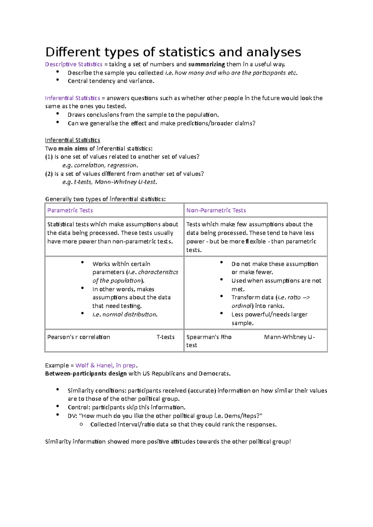 Different types of statistics and analyses - Different types of ...