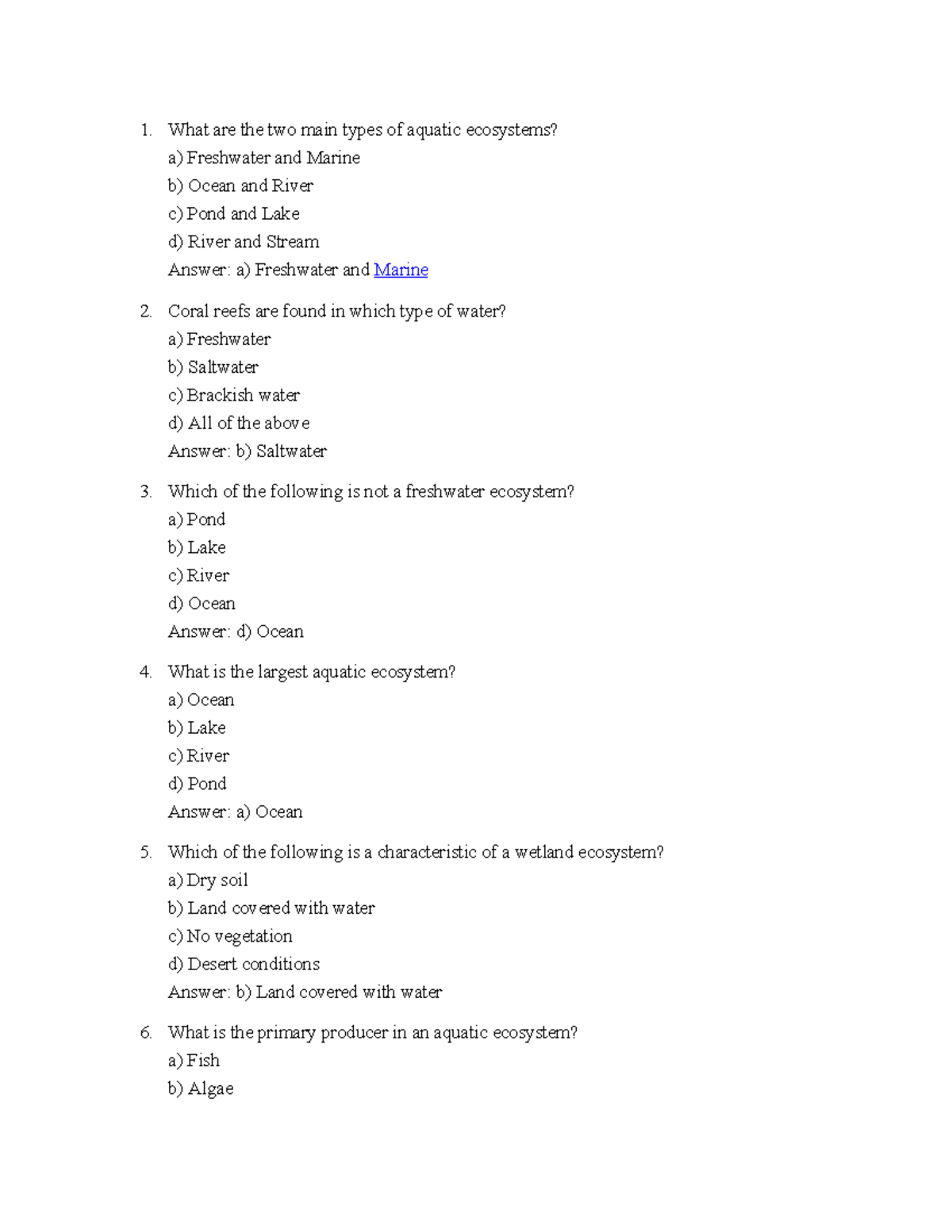 Quiz Aquatic Eco - What are the two main types of aquatic ecosystems? a ...