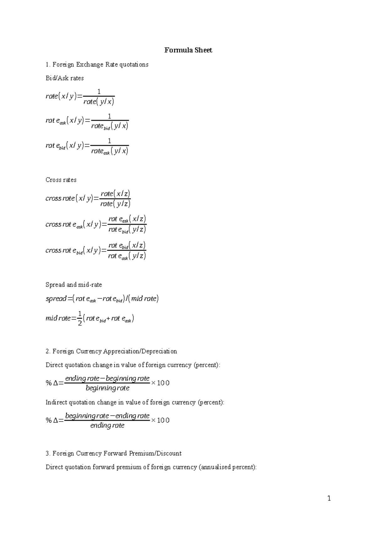 ACFI3140 24S1 Formula Sheet - Formula Sheet Foreign Exchange Rate ...