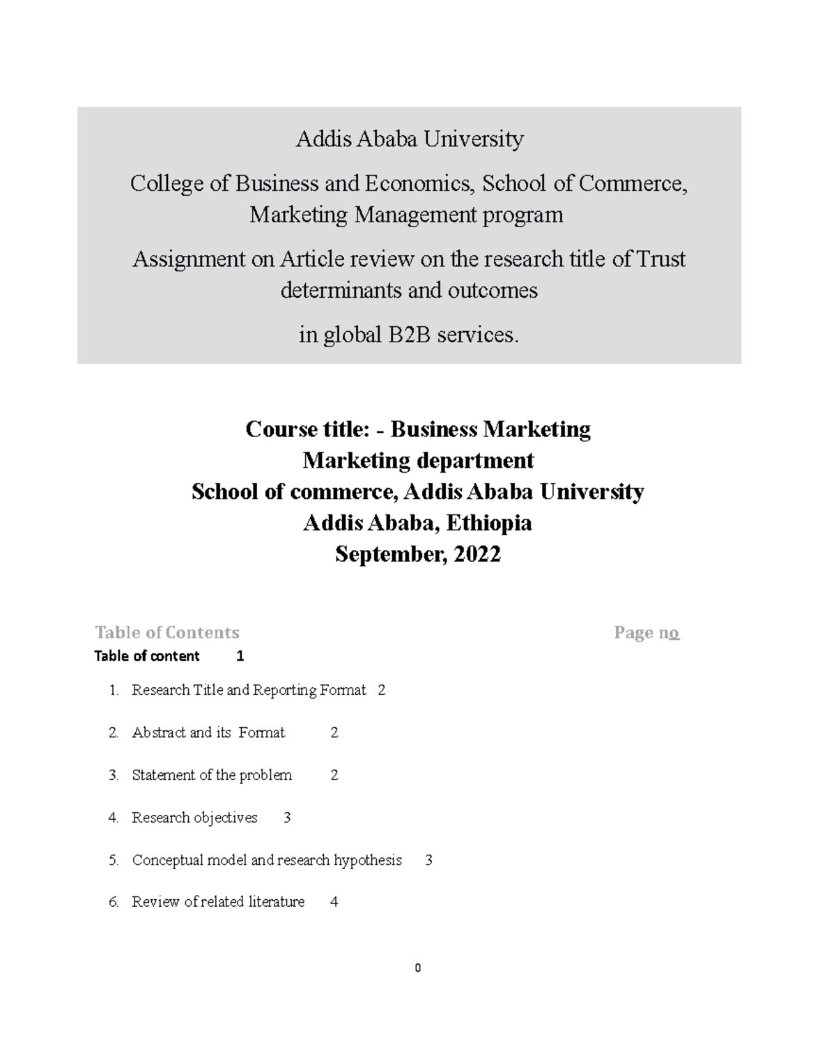 1st year Markg Deprt Section 2 Assignt for Business Markg - Addis Ababa ...