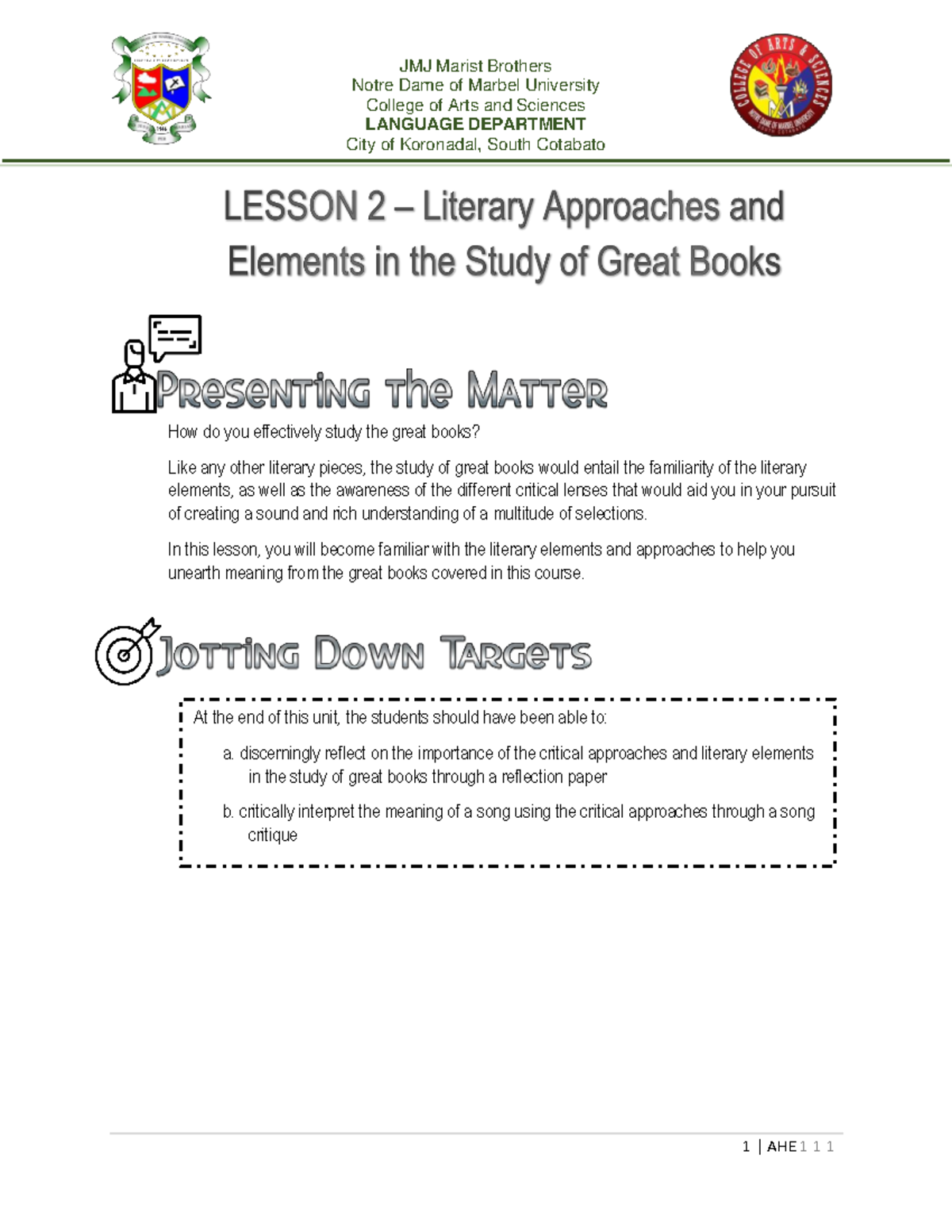 Great Books Module Lesson 2 - Notre Dame of Marbel University College ...