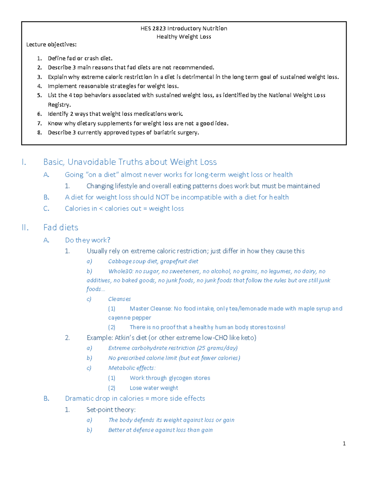 Weight Loss lecture notes - I. Basic, Unavoidable Truths about Weight ...