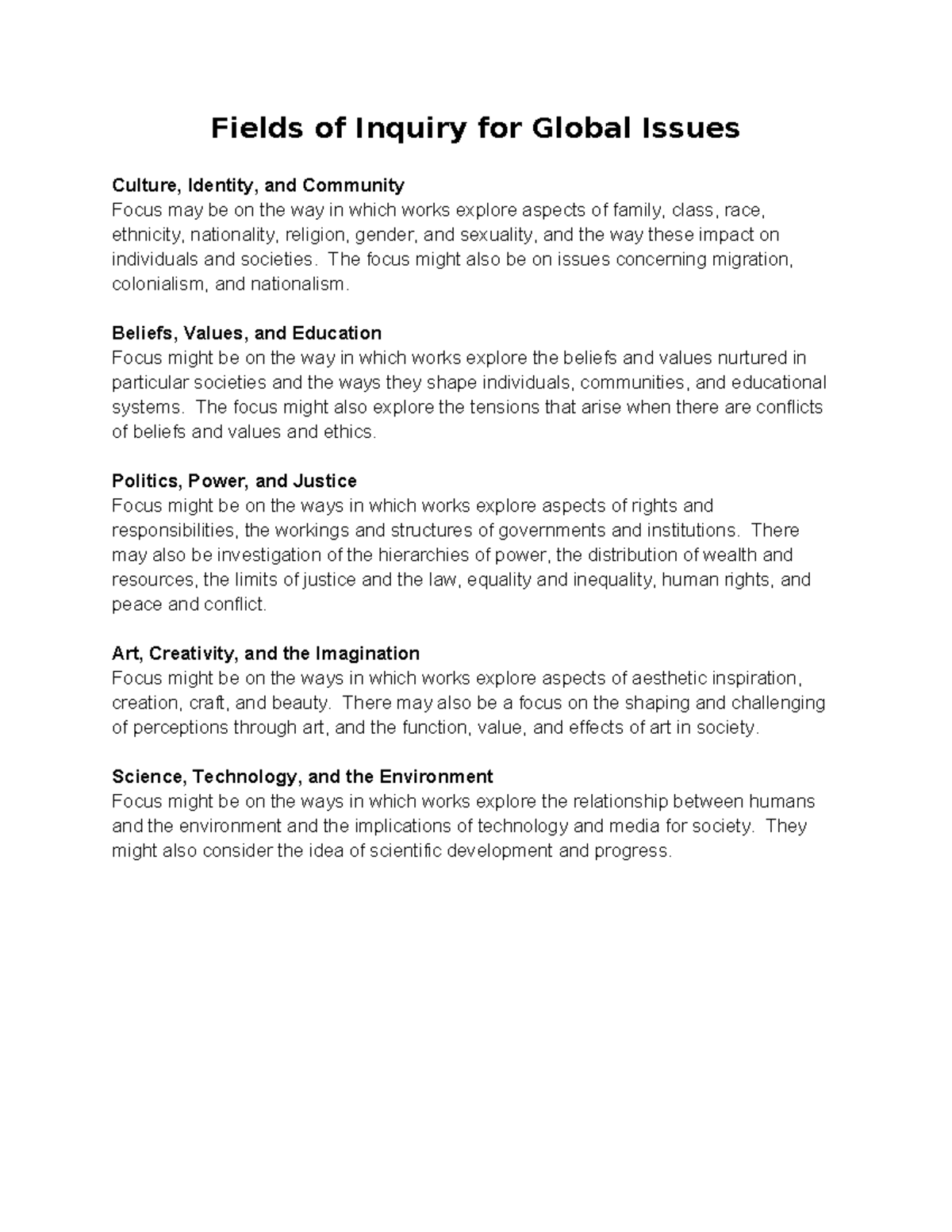 Fields of Inquiry for Global Issues - Fields of Inquiry for Global ...