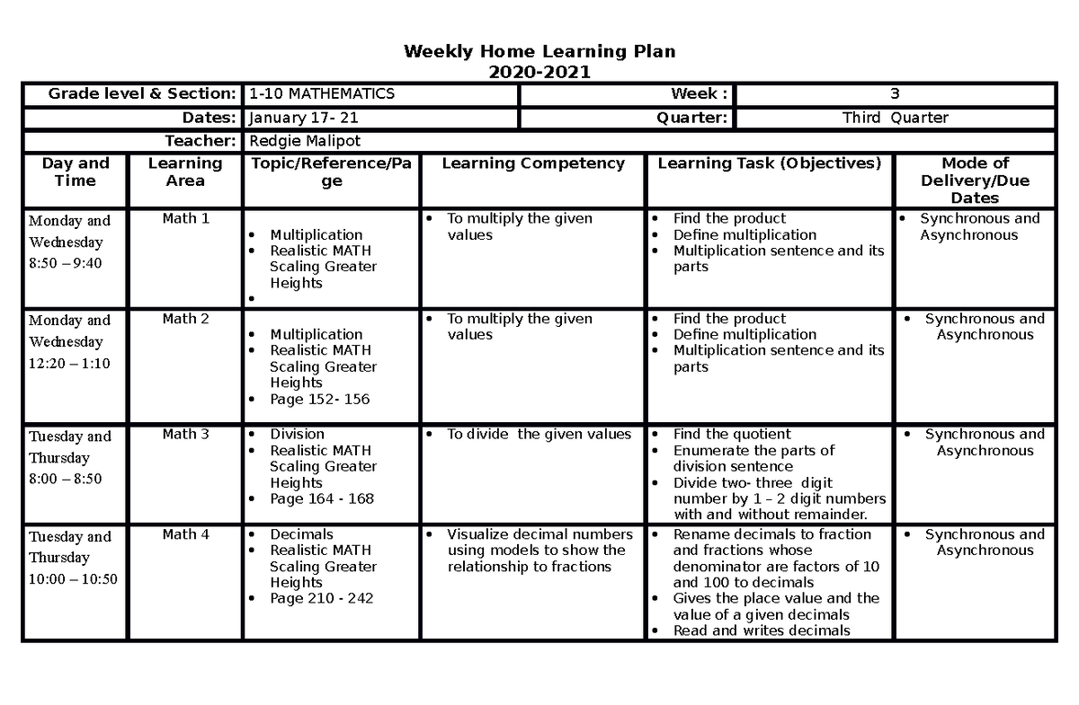 3RD-WEEK-3d awesome awesome - Weekly Home Learning Plan 2020- Grade ...