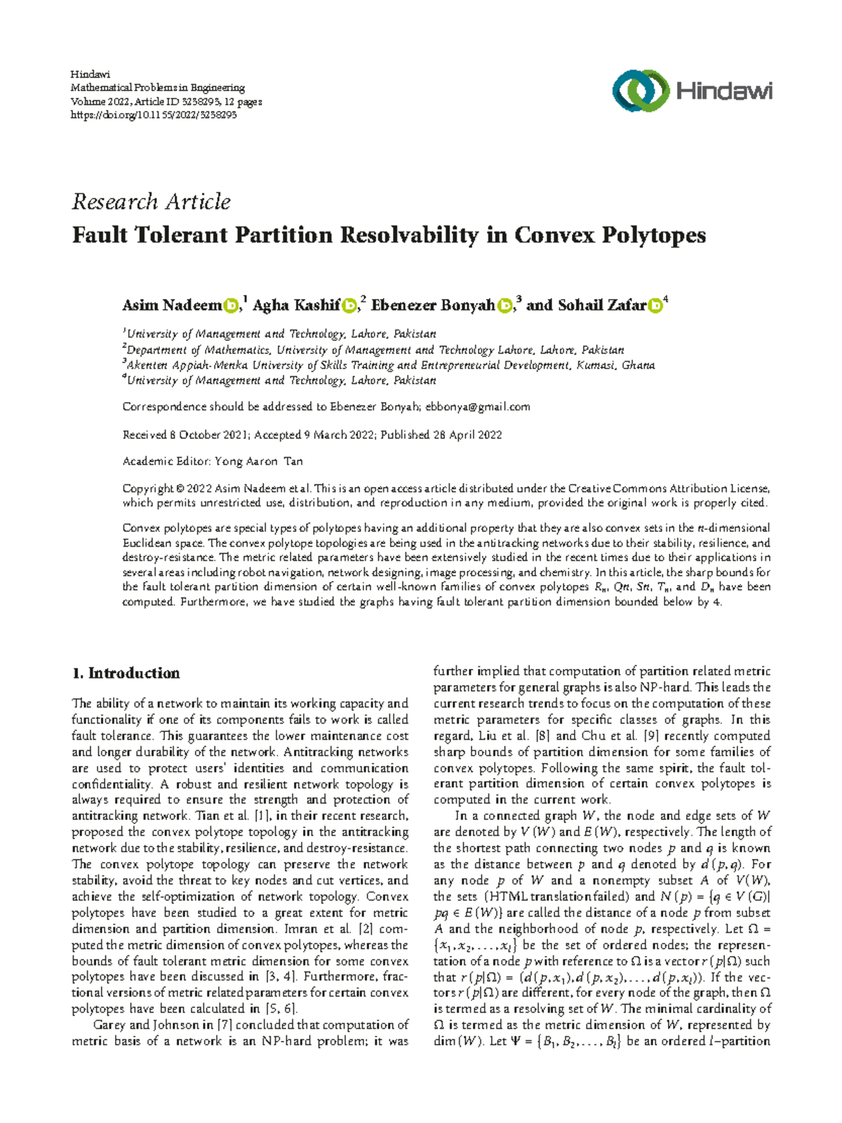 Fault Tolerant Partition Resolvability in Convex Polytopes - Research Article Fault Tolerant ...