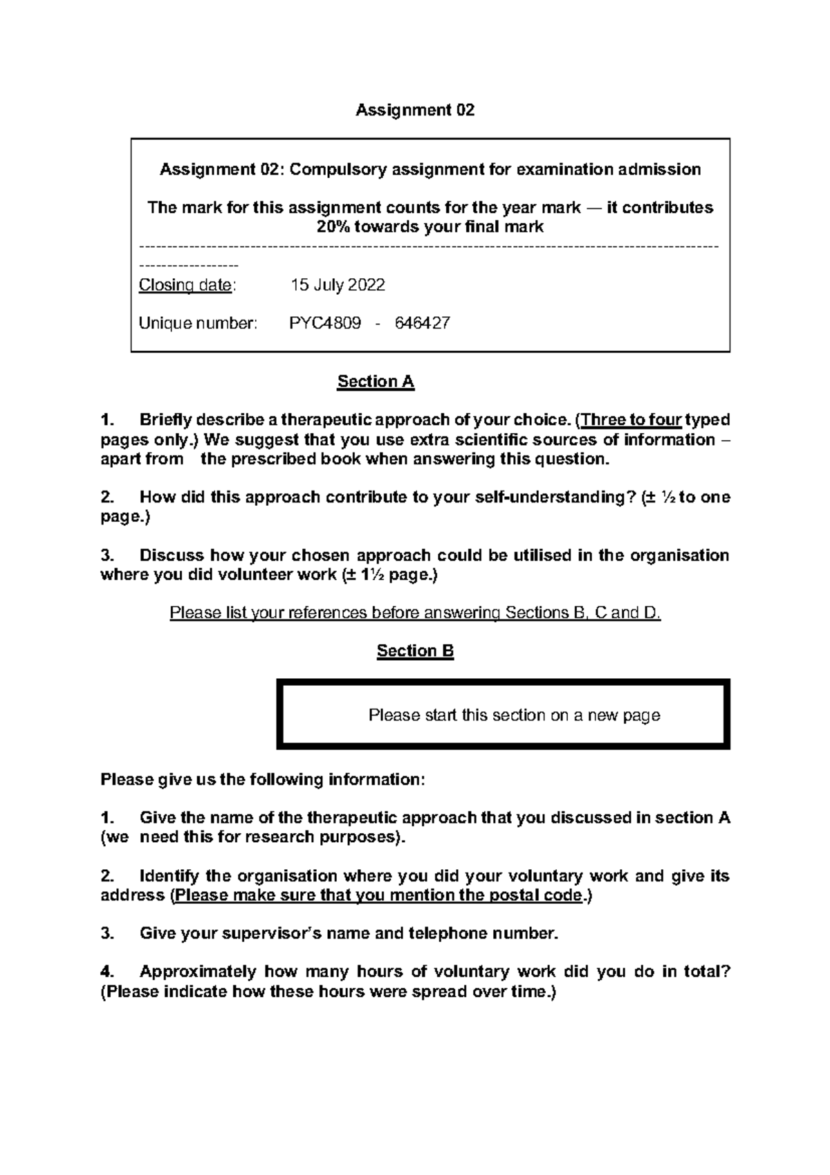 PYC4809 Assignment 02 646427 - Assignment 02 Assignment 02: Compulsory assignment for ...