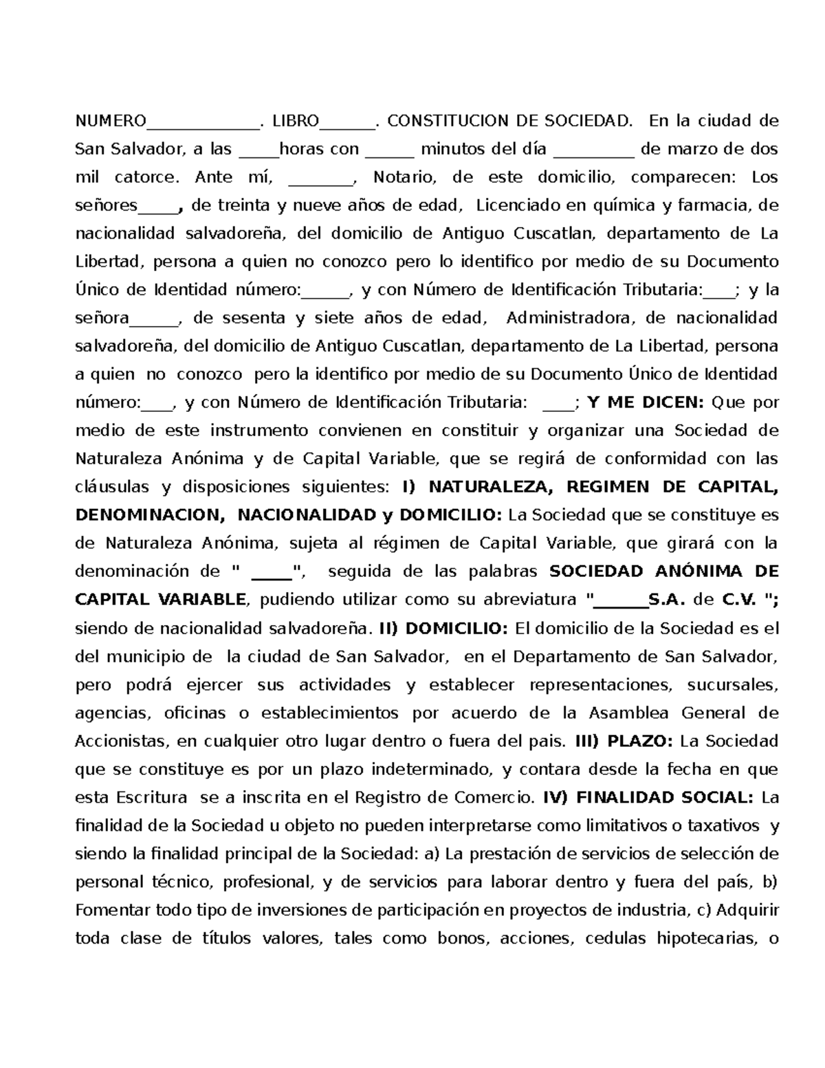 Formatodeconstituciondesociedad - NUMERO______________. LIBRO_______. CONSTITUCION DE SOCIEDAD ...