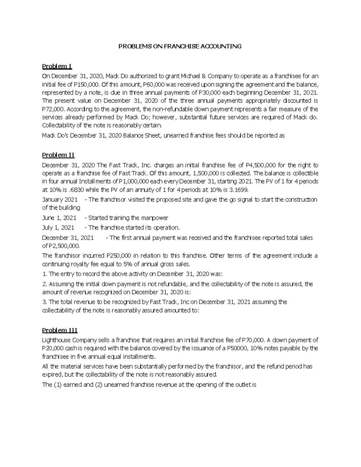 4 Franchise Accounting - PROBLEMS ON FRANCHISE ACCOUNTING Problem I On ...