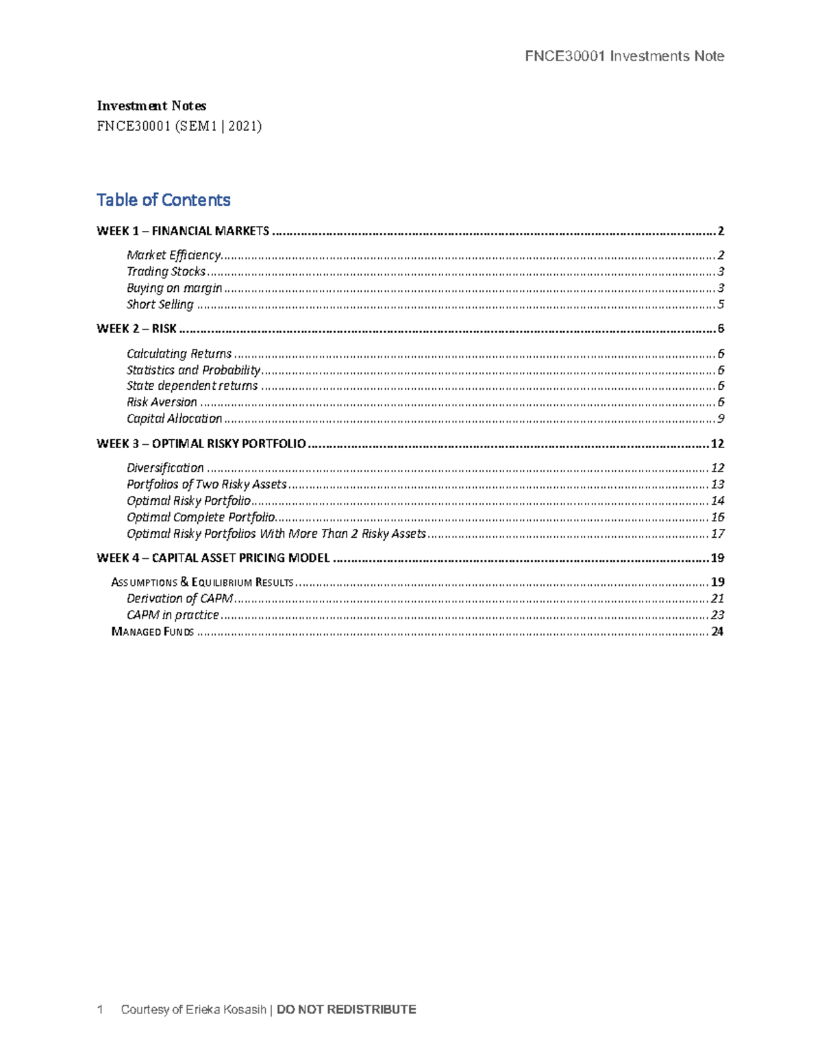 FNCE30001 Investment MId-Semester Notes (SM1 2021) - Investment Notes ...