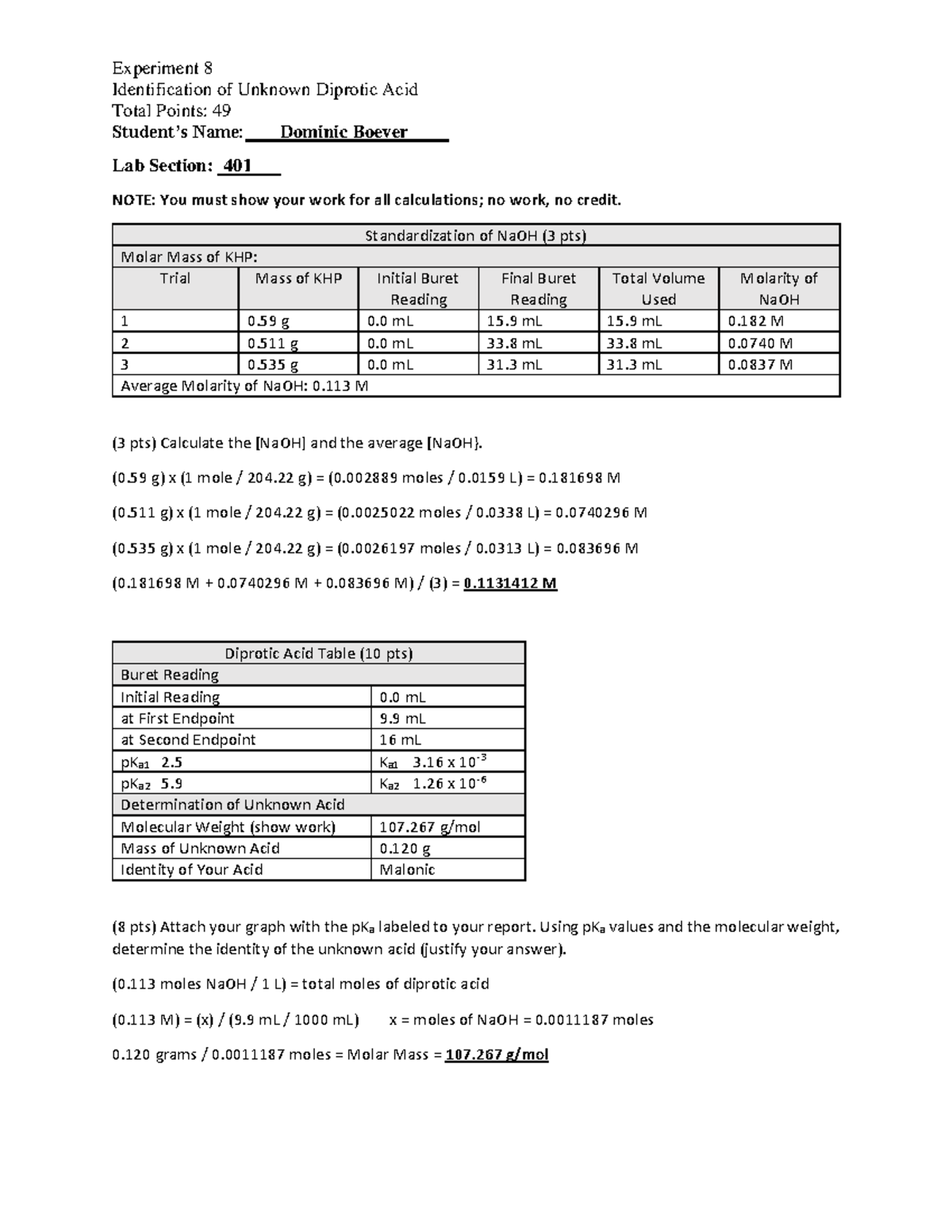 CHEM 110 L Experiment 8 Identification of Unknown Diprotic Acid ...