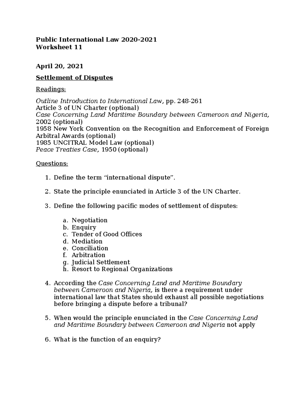 Worksheet 10 - Week 10 - Public International Law 2020- Worksheet 11 ...