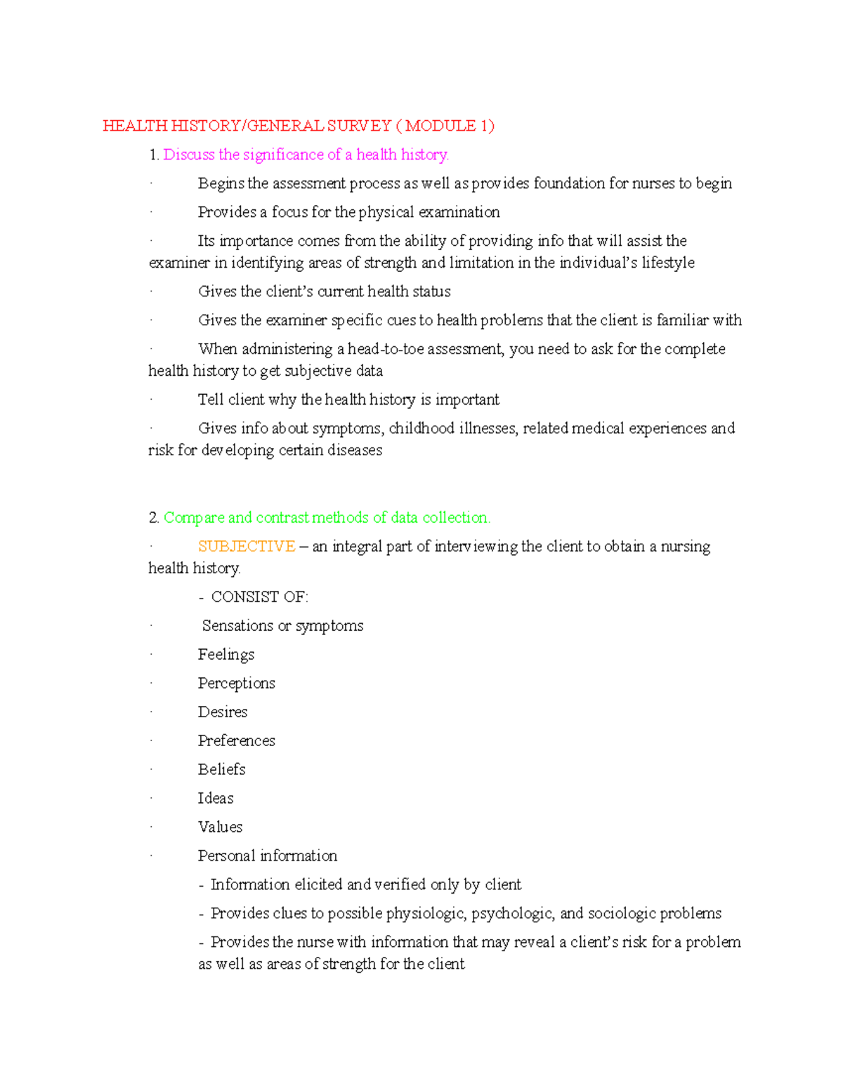 Module 1 Chapters 1-4 - health assessmen - HEALTH HISTORY/GENERAL ...