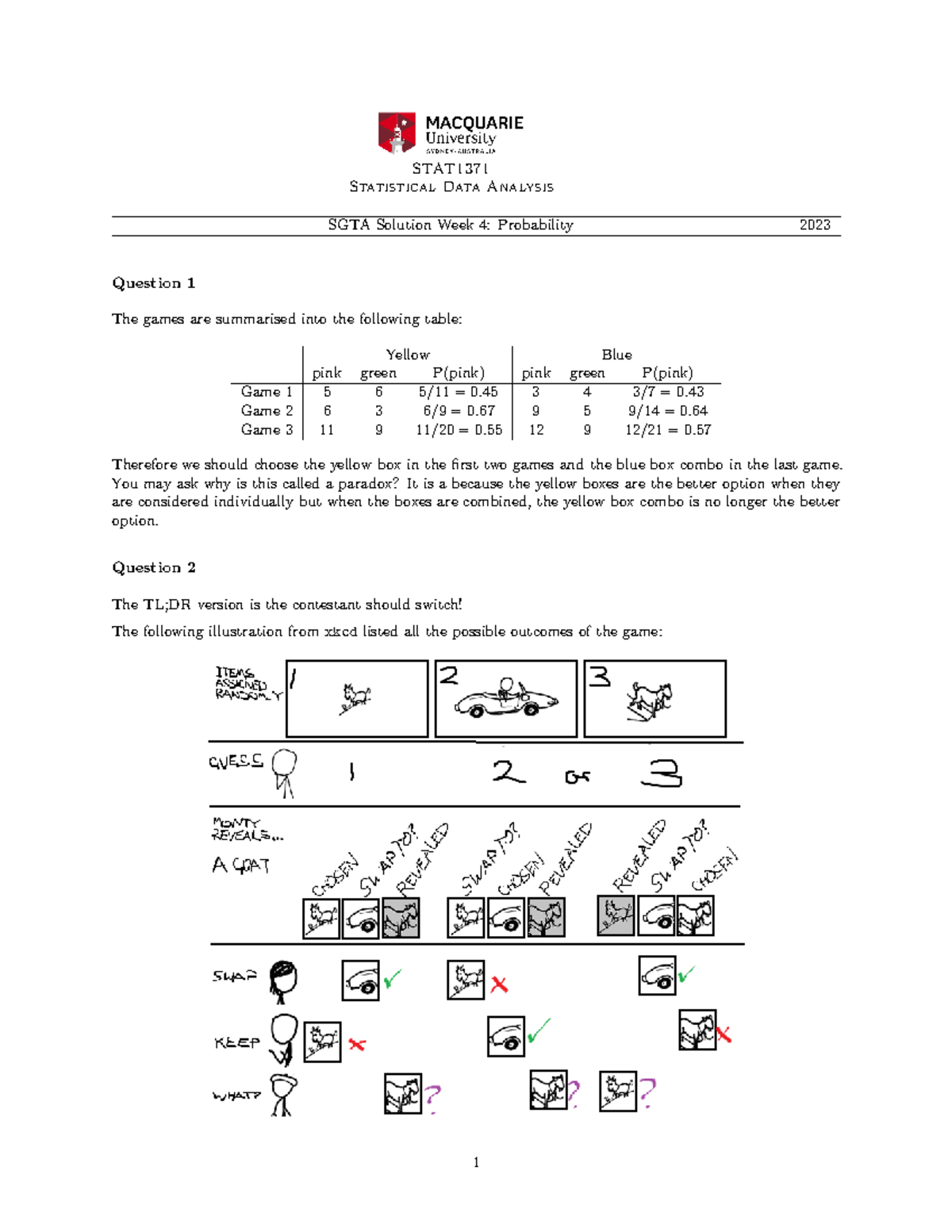 Wk 2 tut solutions - STAT Statistical Data Analysis SGTA Solution Week 4: Probability 2023 ...