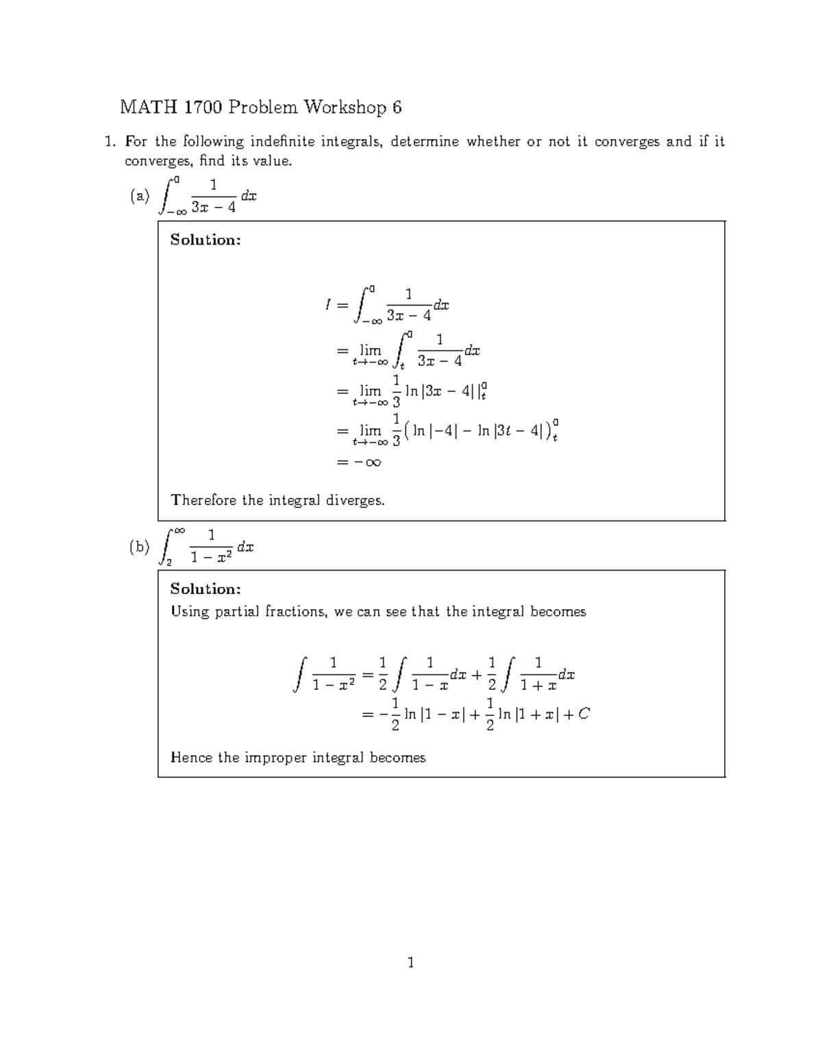 PW6Solutions - Lab - MATH 1700 Problem Workshop 6 For the following indefinite integrals ...