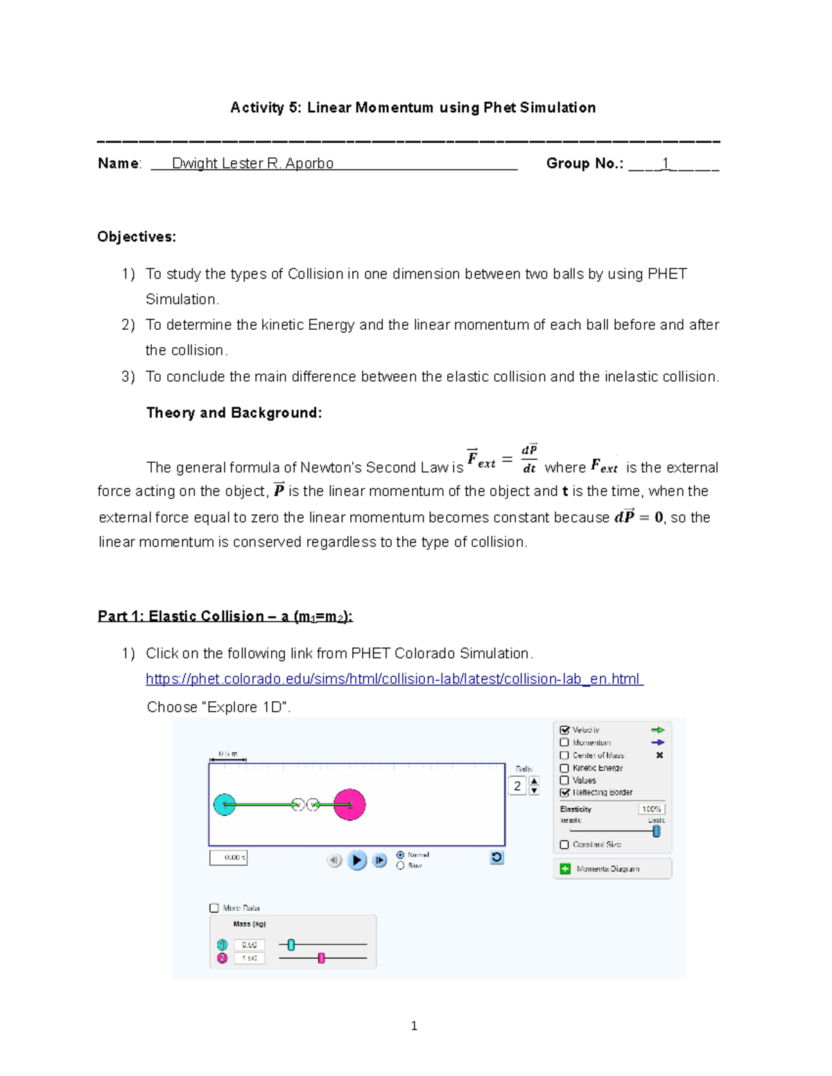 Group 1Lab5 Aporbo - lab - Activity 5: Linear Momentum using Phet ...
