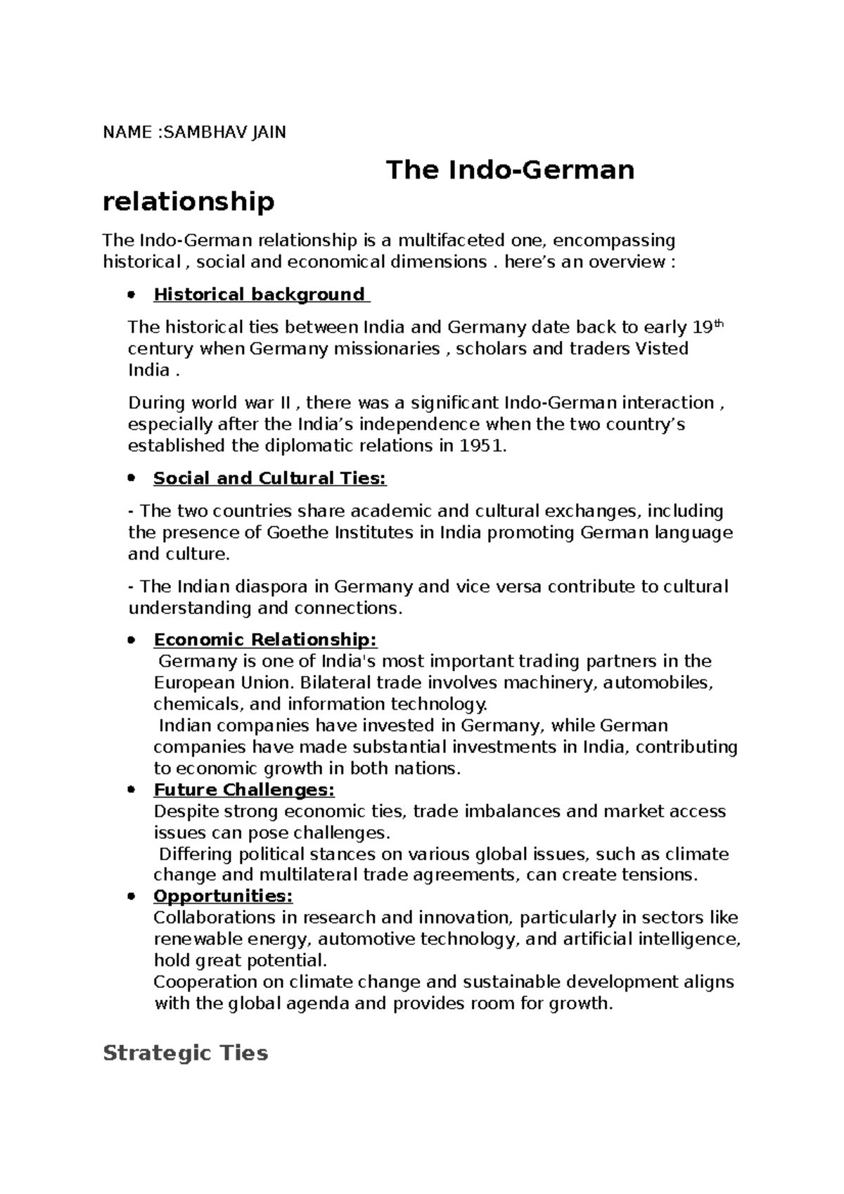 The Indo-germany relationship - NAME :SAMBHAV JAIN The Indo-German ...