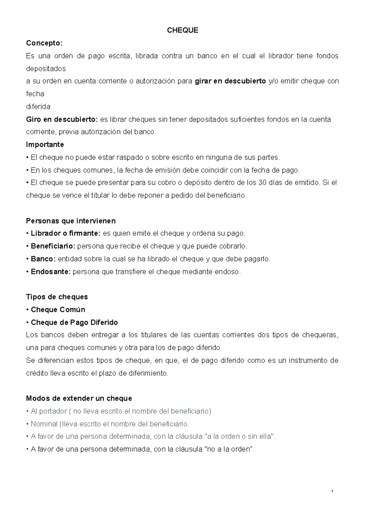 Confección de Cheque - CHEQUE Concepto: Es una orden de pago escrita ...