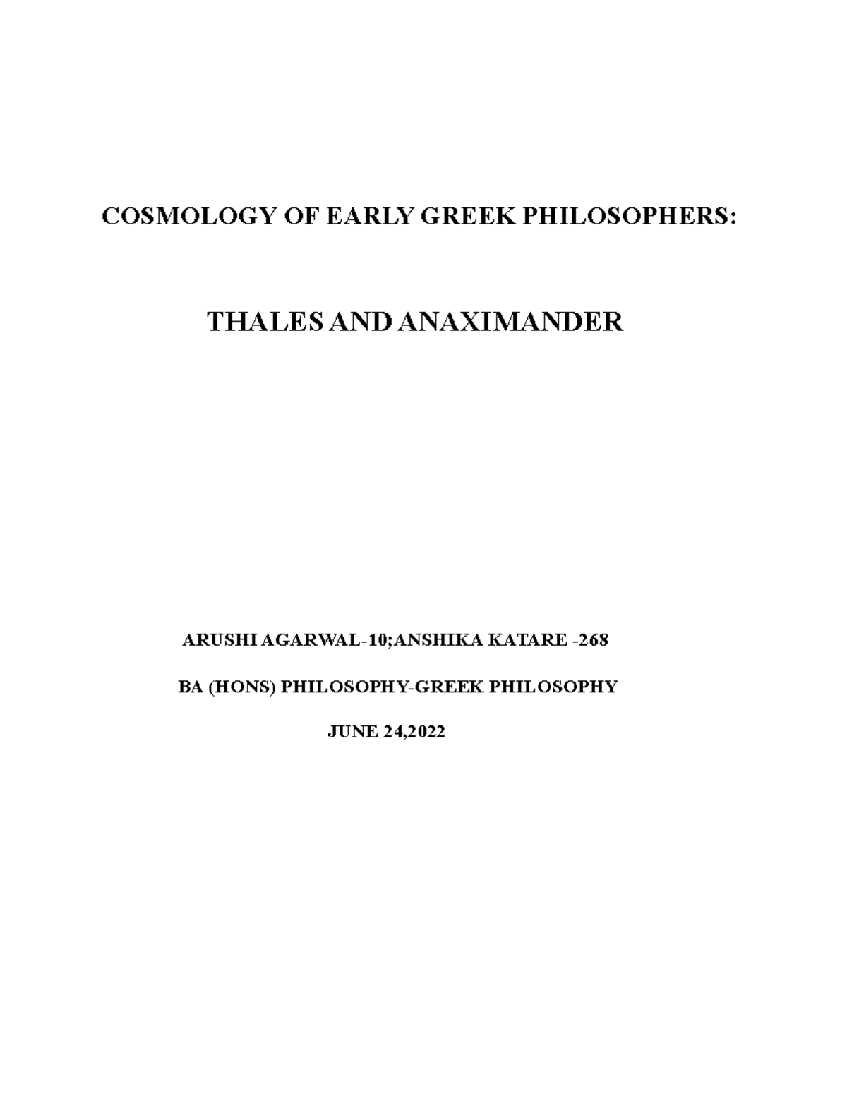 Cosmology of early greek philosophers ( Thales and Anaximander ...