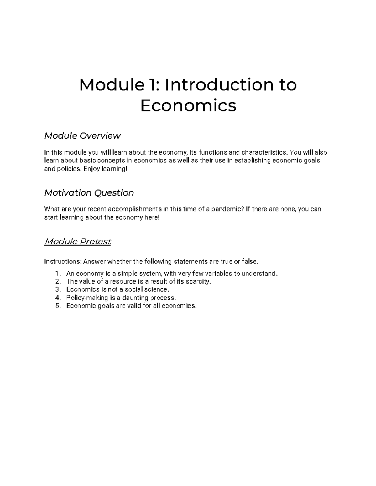 Econ Module 1 - introduction to economics - Module 1: Introduction to ...