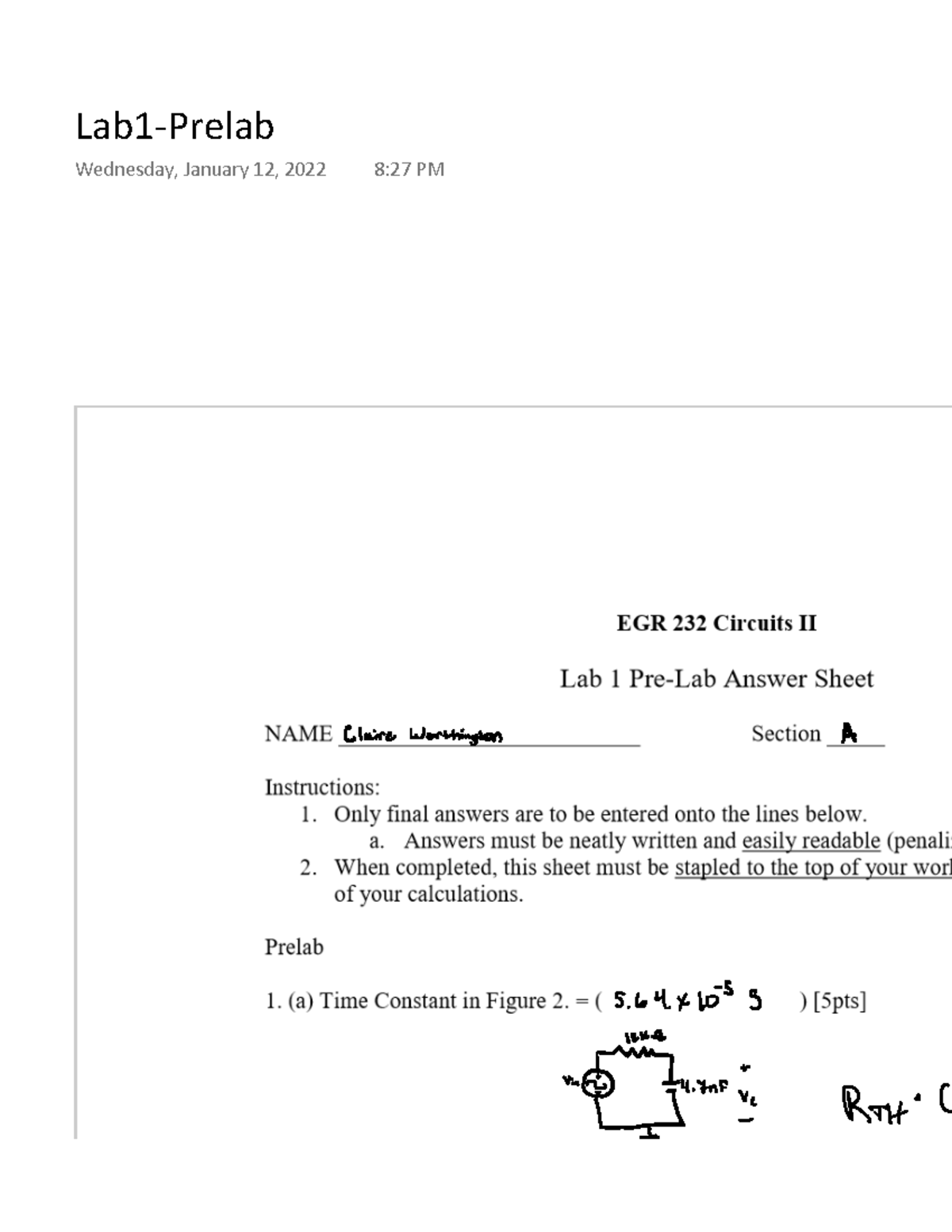 Lab1-Prelab - Dr. Chun's Class. - EGR 232 - Lab1-Prelab Wednesday ...