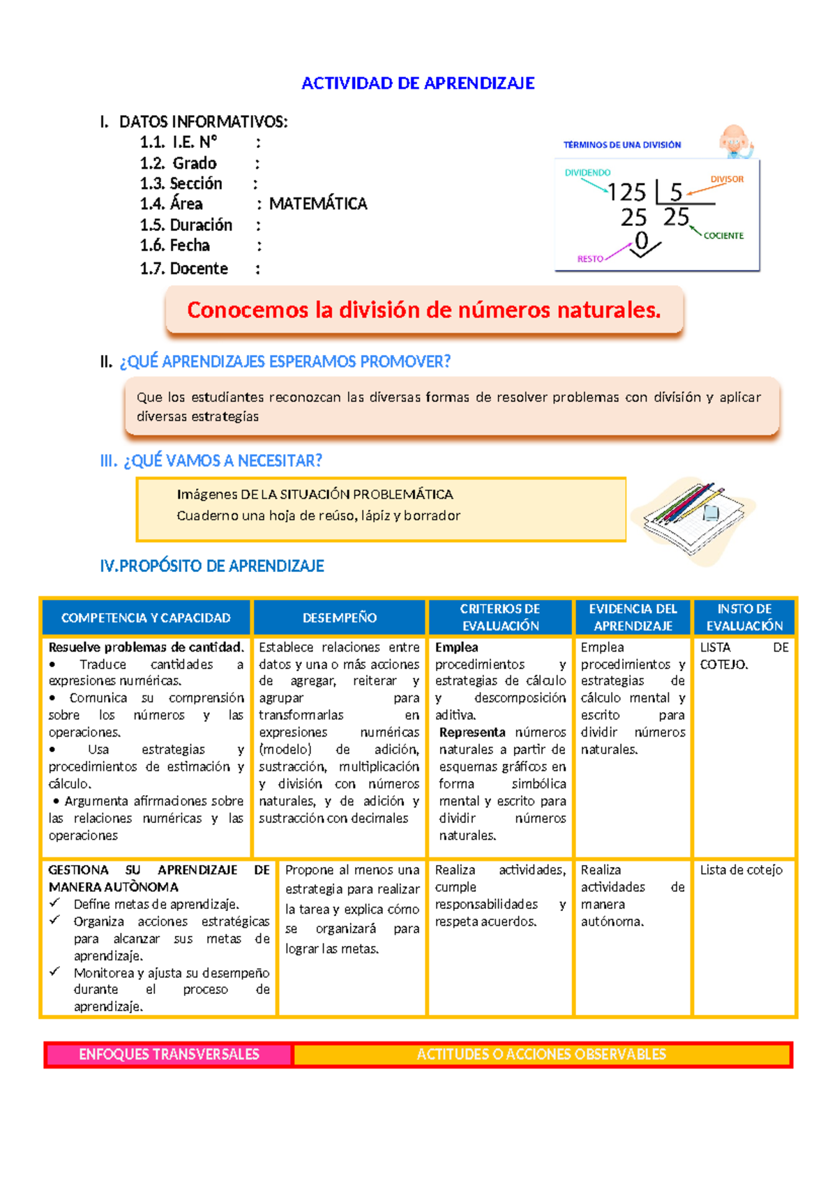 D2 A1 Sesion MAT. Conocemos la división de números naturales ...