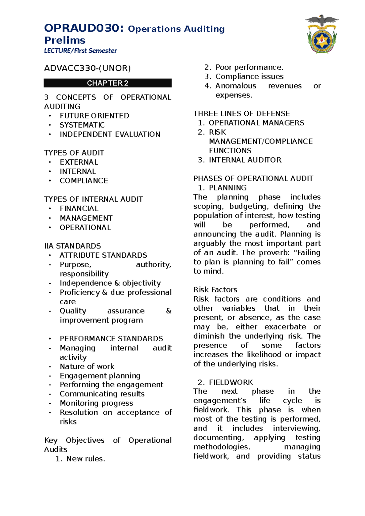 Operations Auditing - Internal Control - Prelims LECTURE/First Semester ...